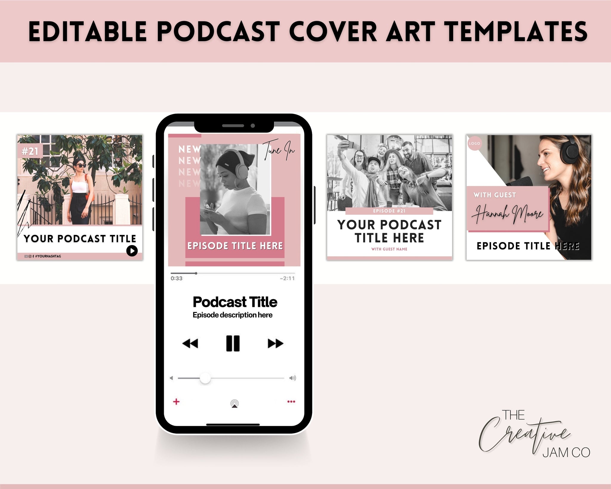 Podcast COVER ART Templates, 15 Editable Podcast Canva Mockups | Pink