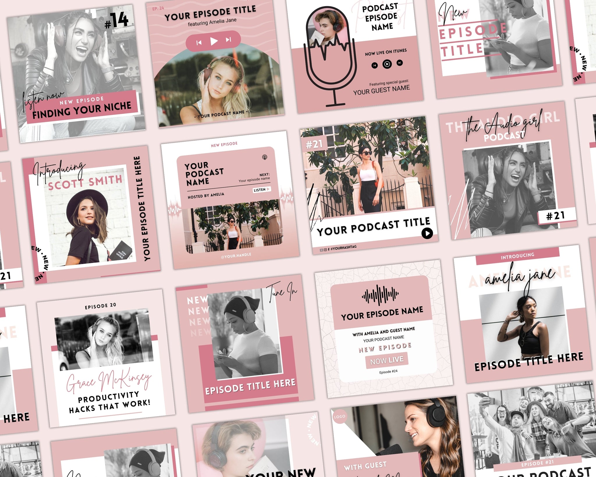 Podcast COVER ART Templates, 15 Editable Podcast Canva Mockups | Pink