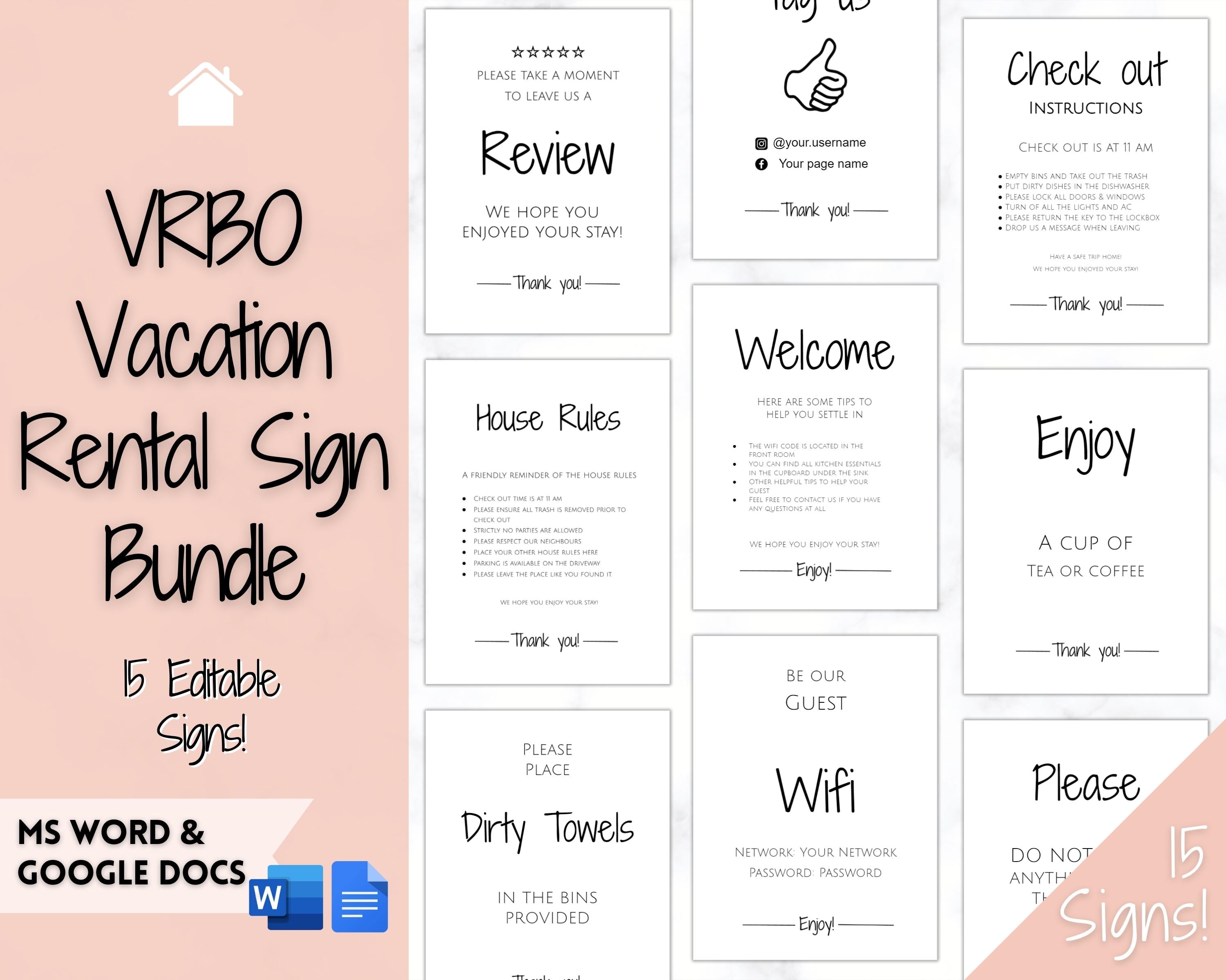Editable VRBO Vacation Rental Sign Bundle - MS Word / Google Docs