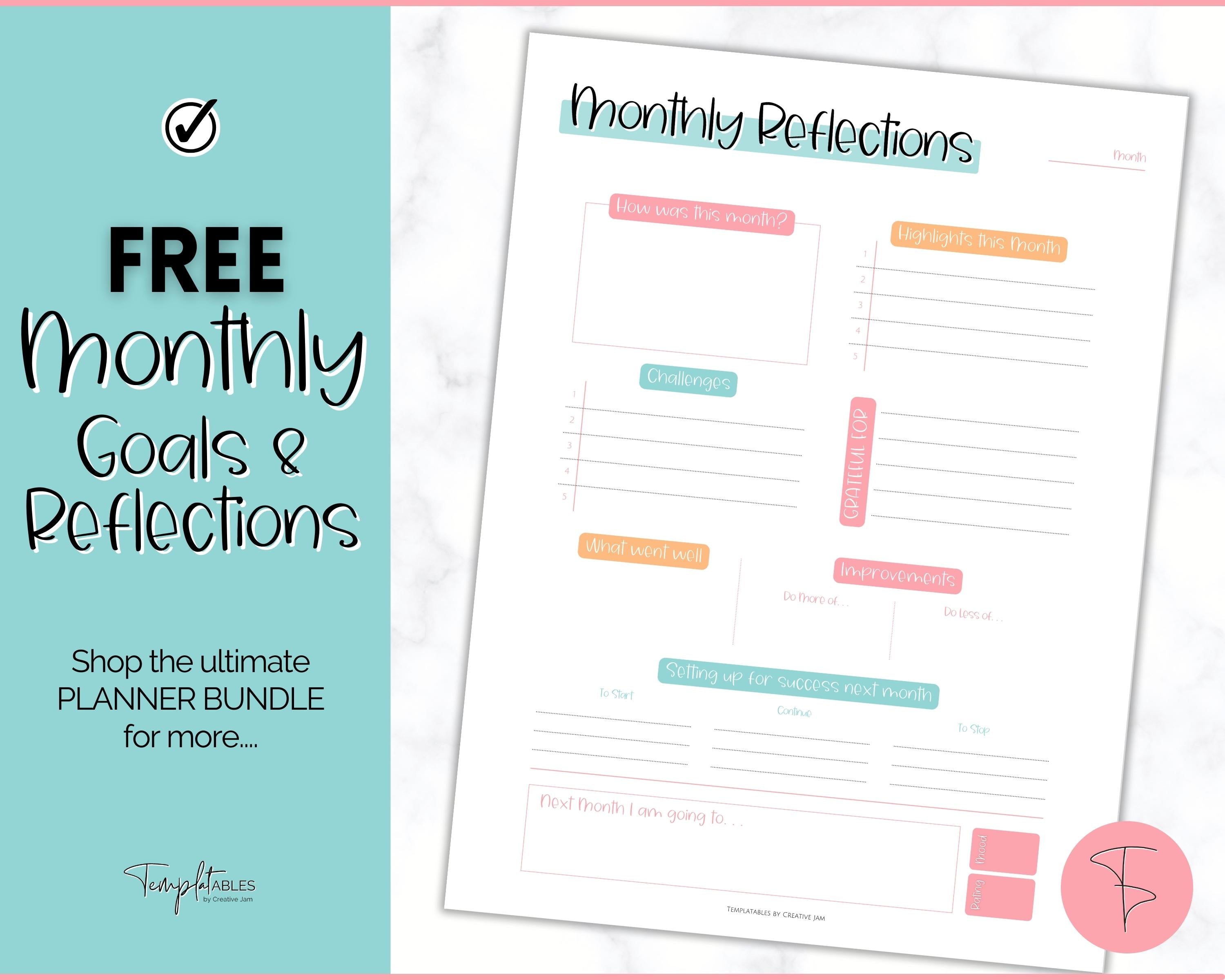 FREE - Monthly Goals & Reflections Printables | Colorful Sky