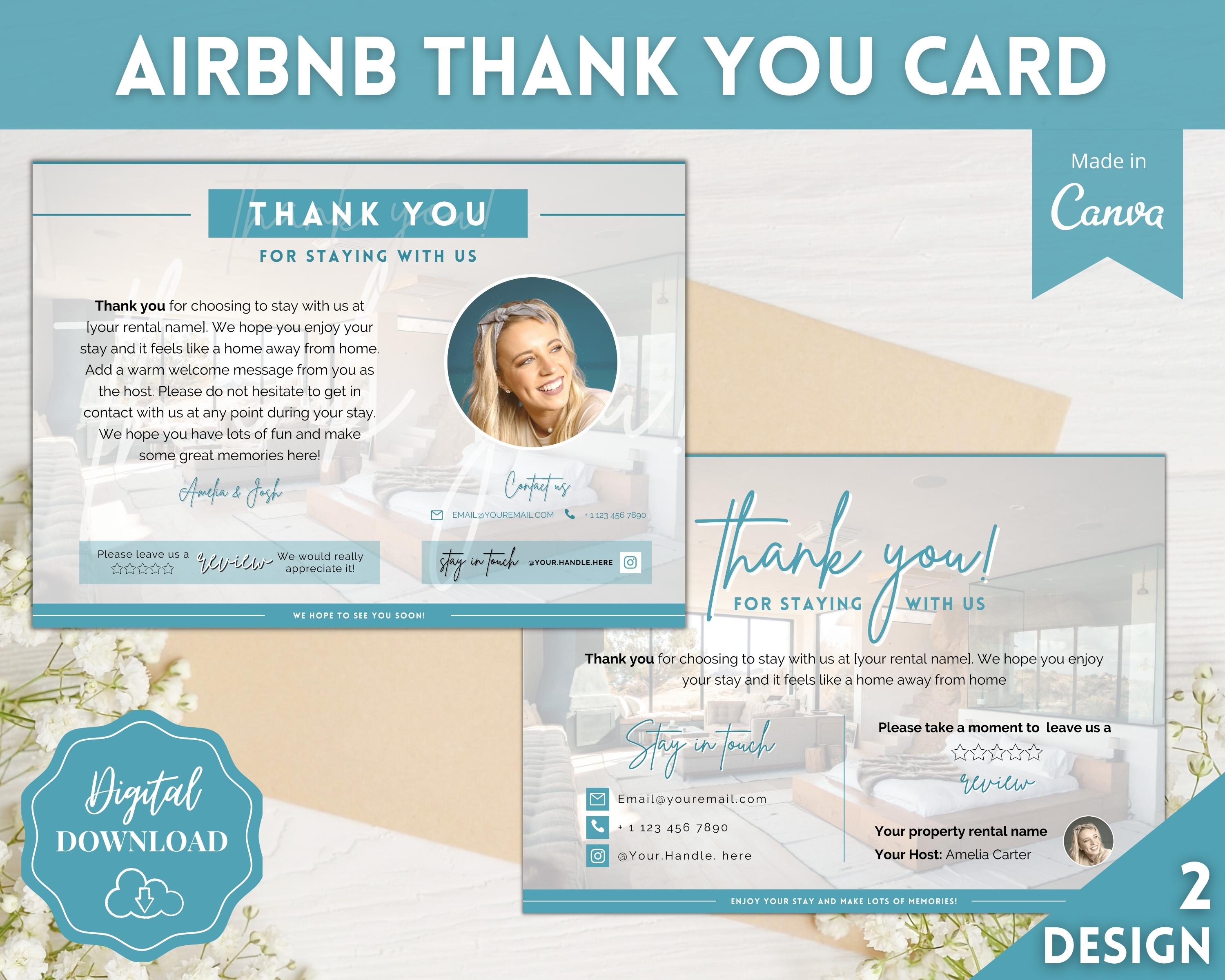 Airbnb Editable Welcome Card Template | Thank You Postcard - Blue