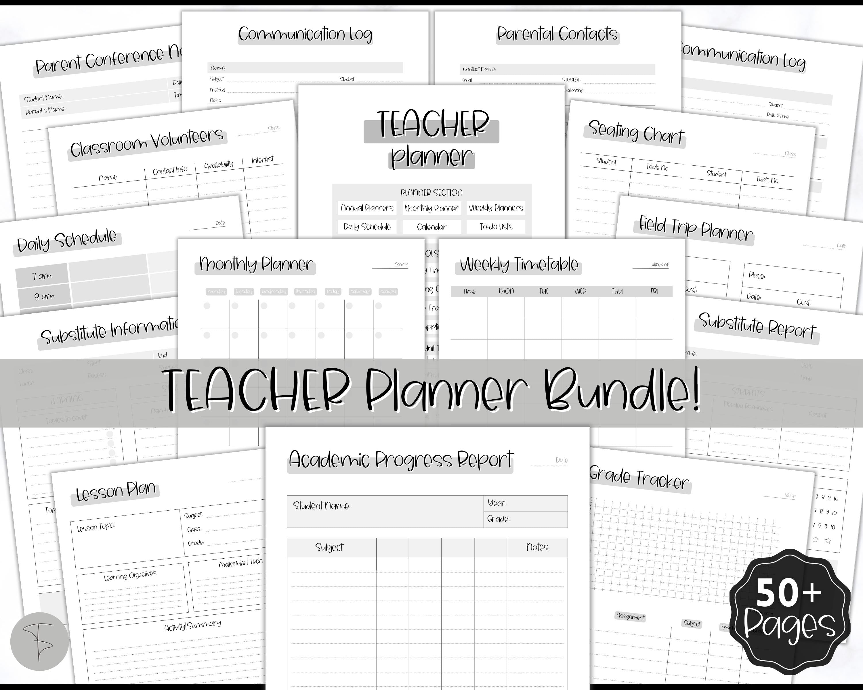 Teacher Planner Printable, Academic Lesson Plans | Monochrome