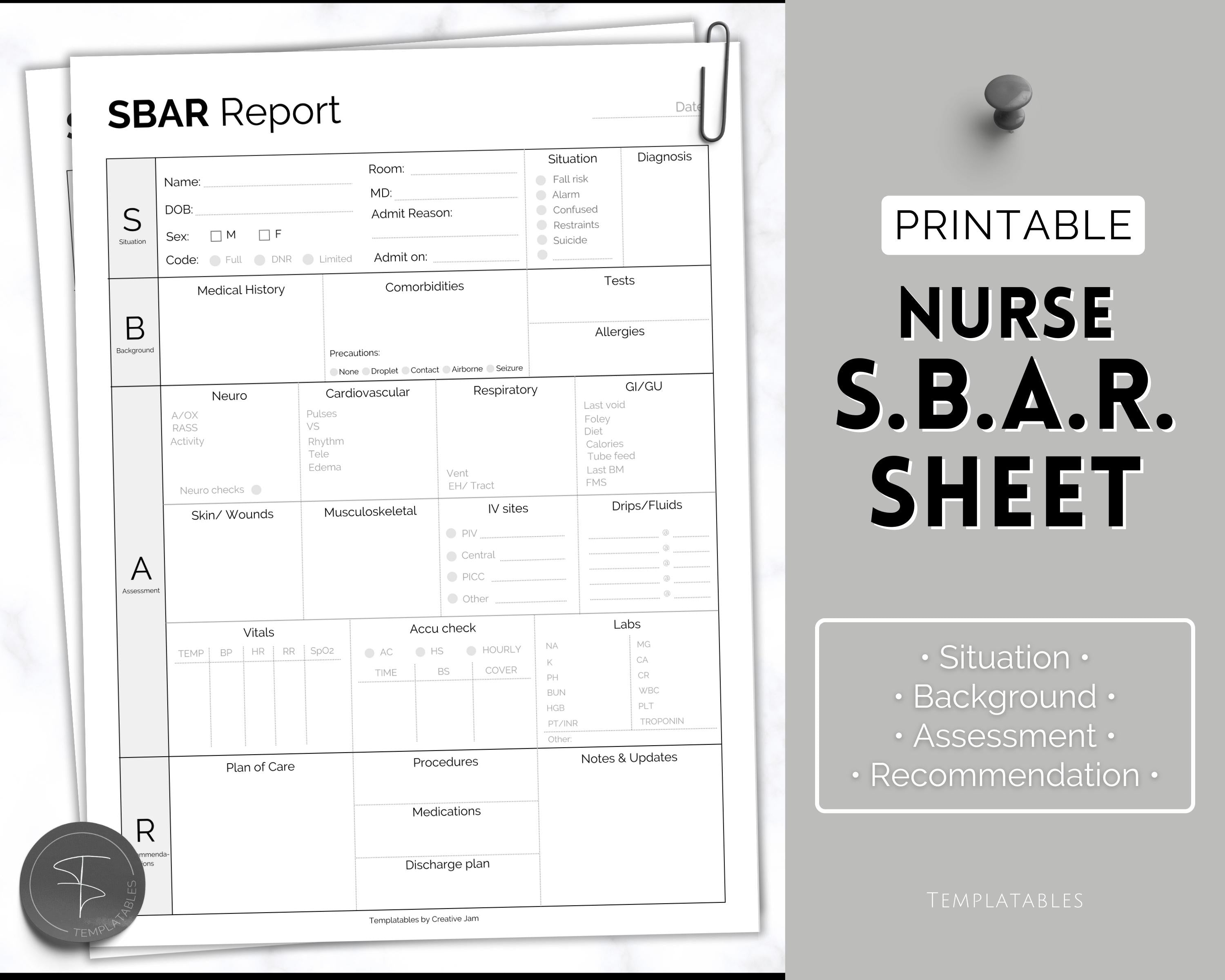 SBAR Nurse Brain Report Sheet | ICU Nurse Report Printable Template