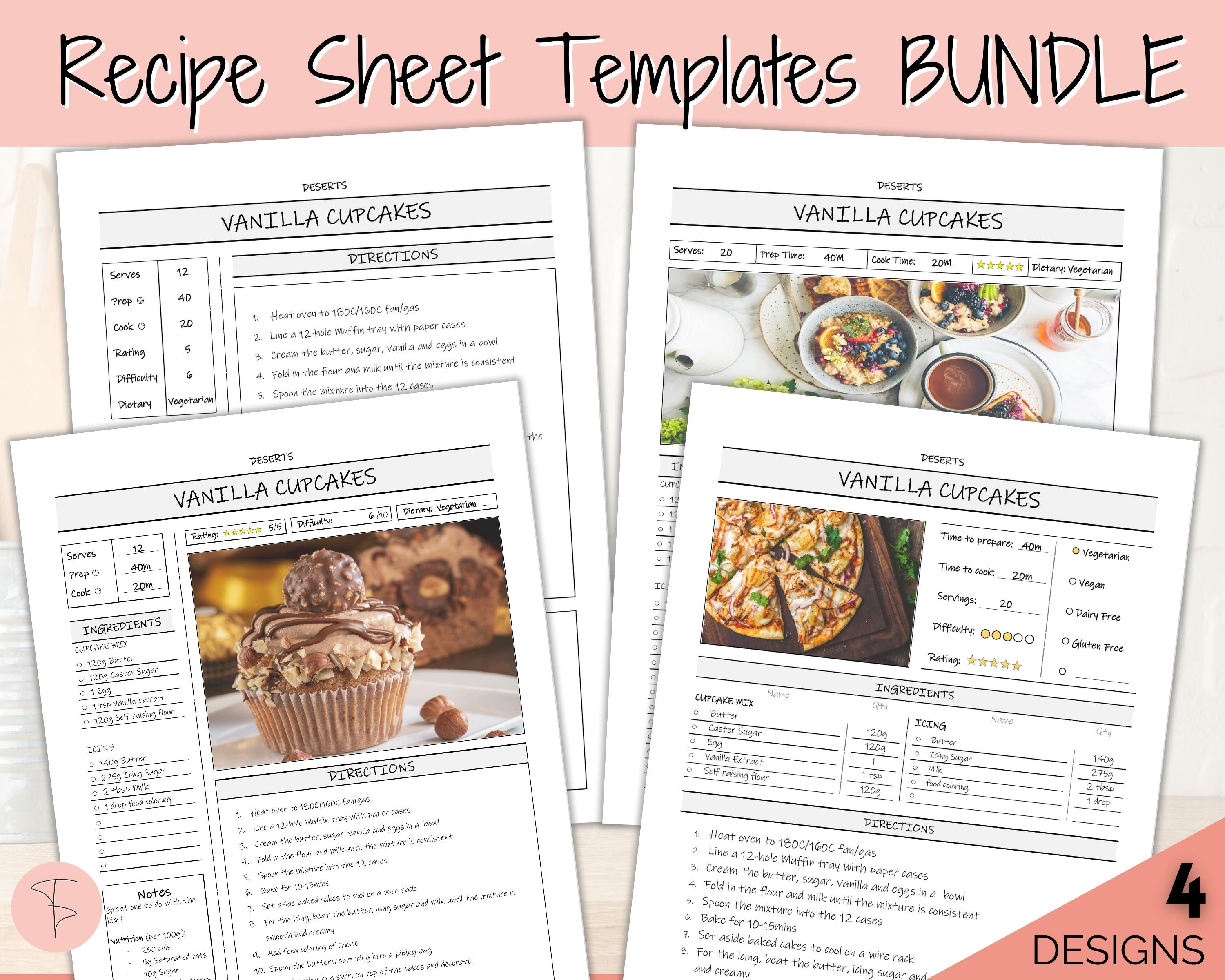 Editable Recipe Sheet Template Printable Bundle