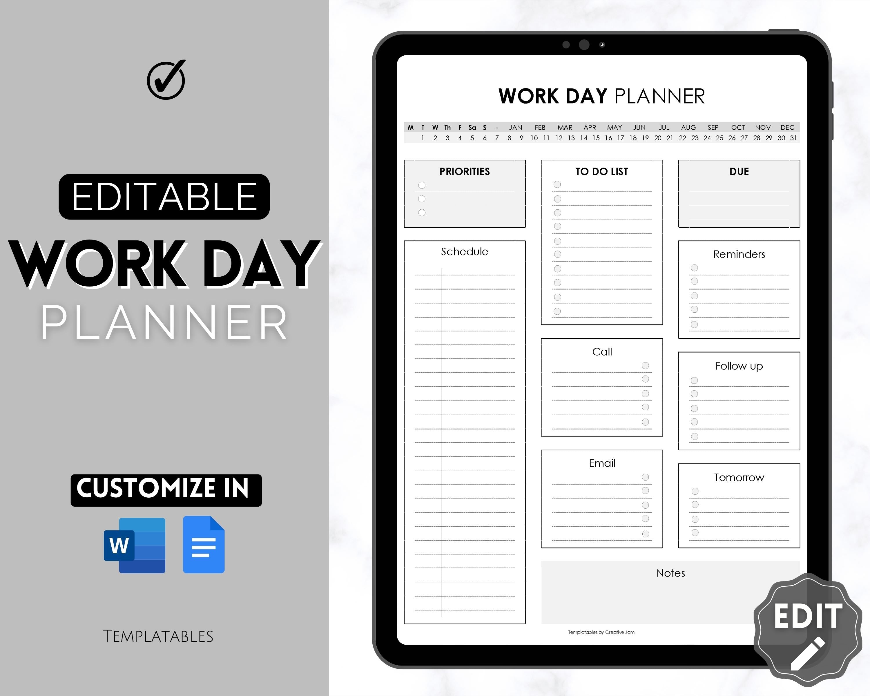 Work Planner & Work Day Organizer | Editable Daily Planner & Organizer