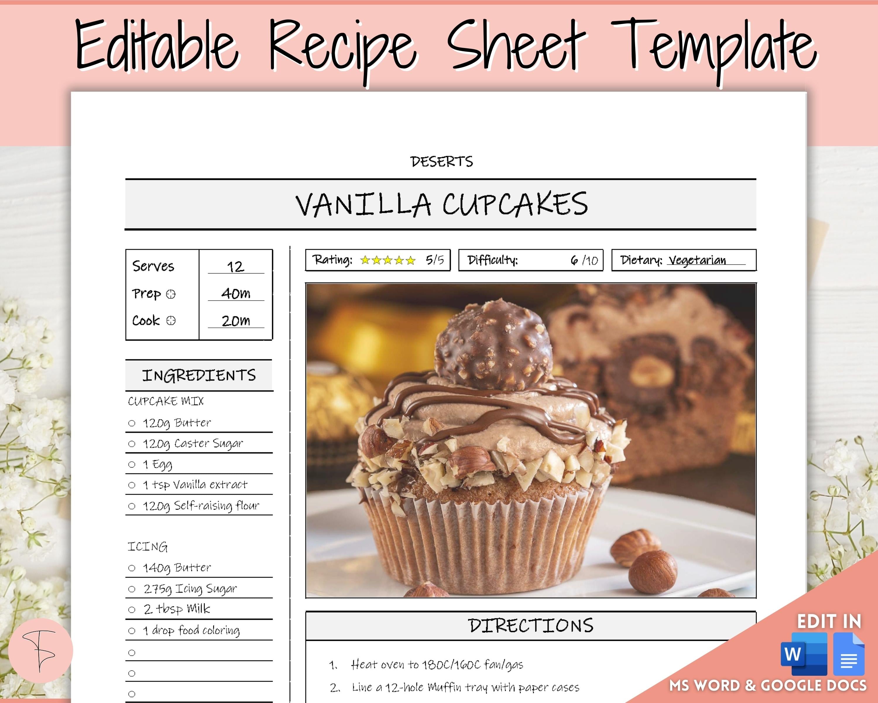 Editable Recipe Sheet Template Printables - Style 1