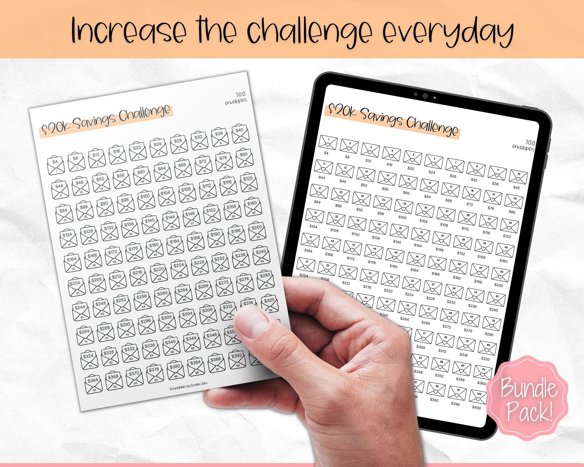 20k 100 Envelope Challenge Printable, 20000 | Colorful Sky