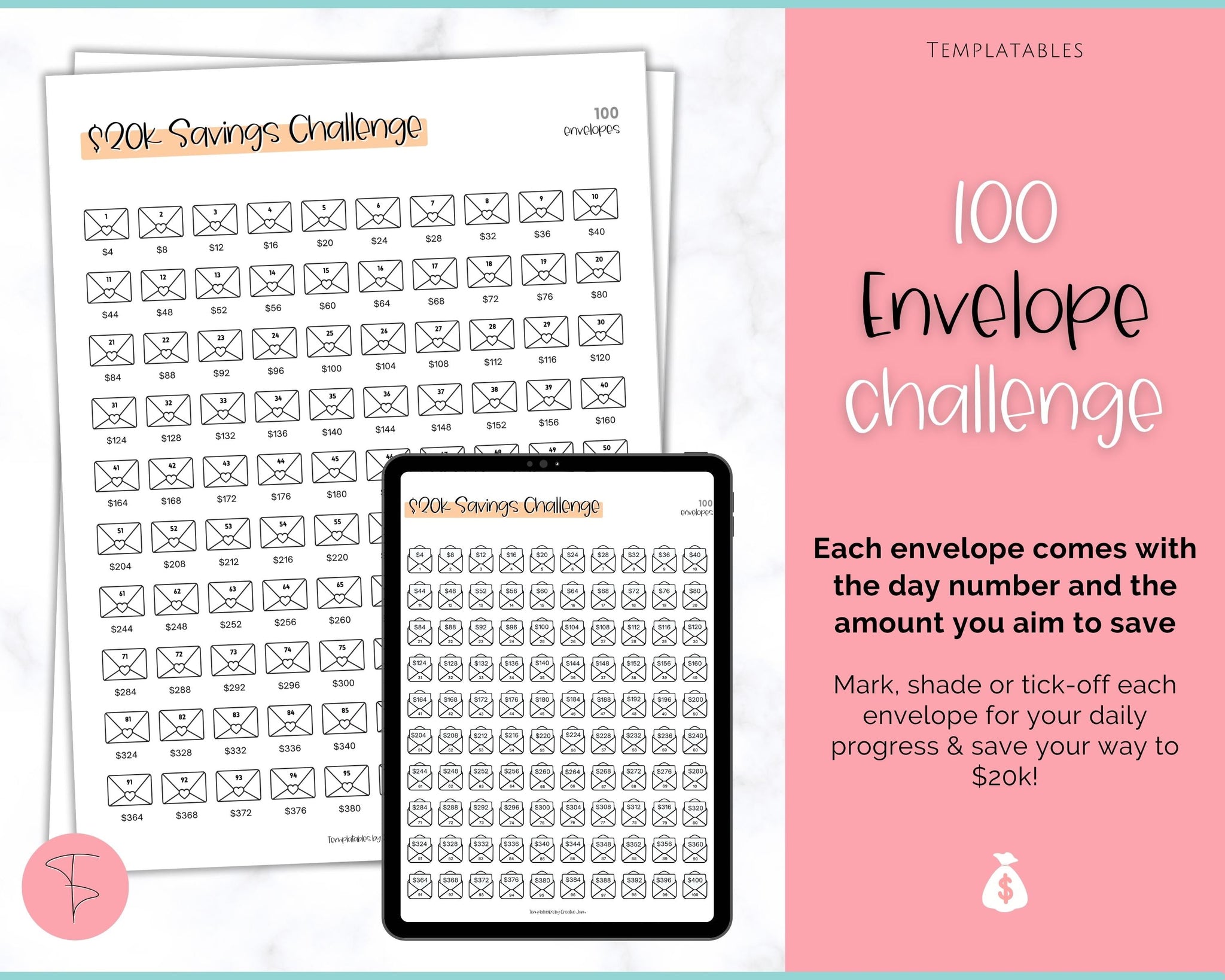 20k 100 Envelope Challenge Printable, 20000 | Colorful Sky