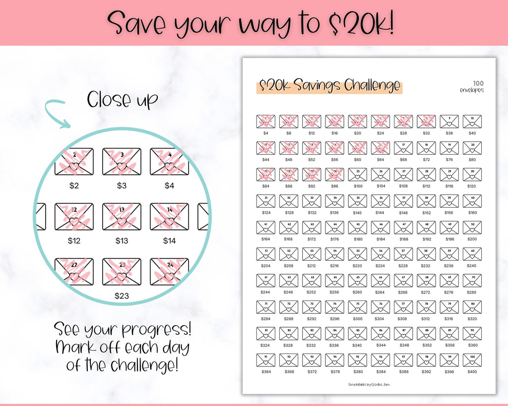 20k 100 Envelope Challenge Printable, 20000 | Colorful Sky