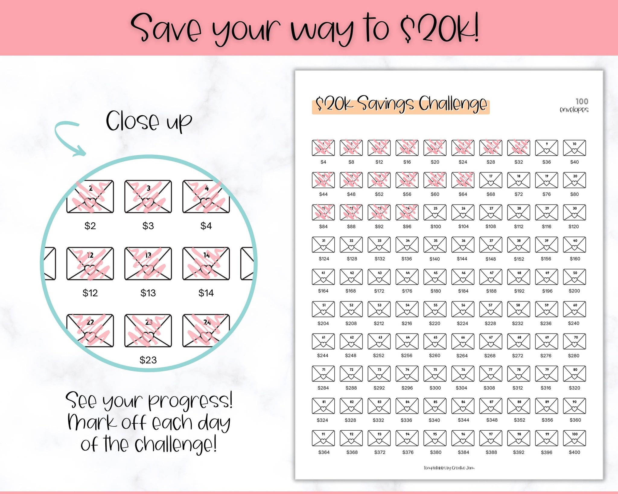 20k 100 Envelope Challenge Printable, 20000 | Colorful Sky