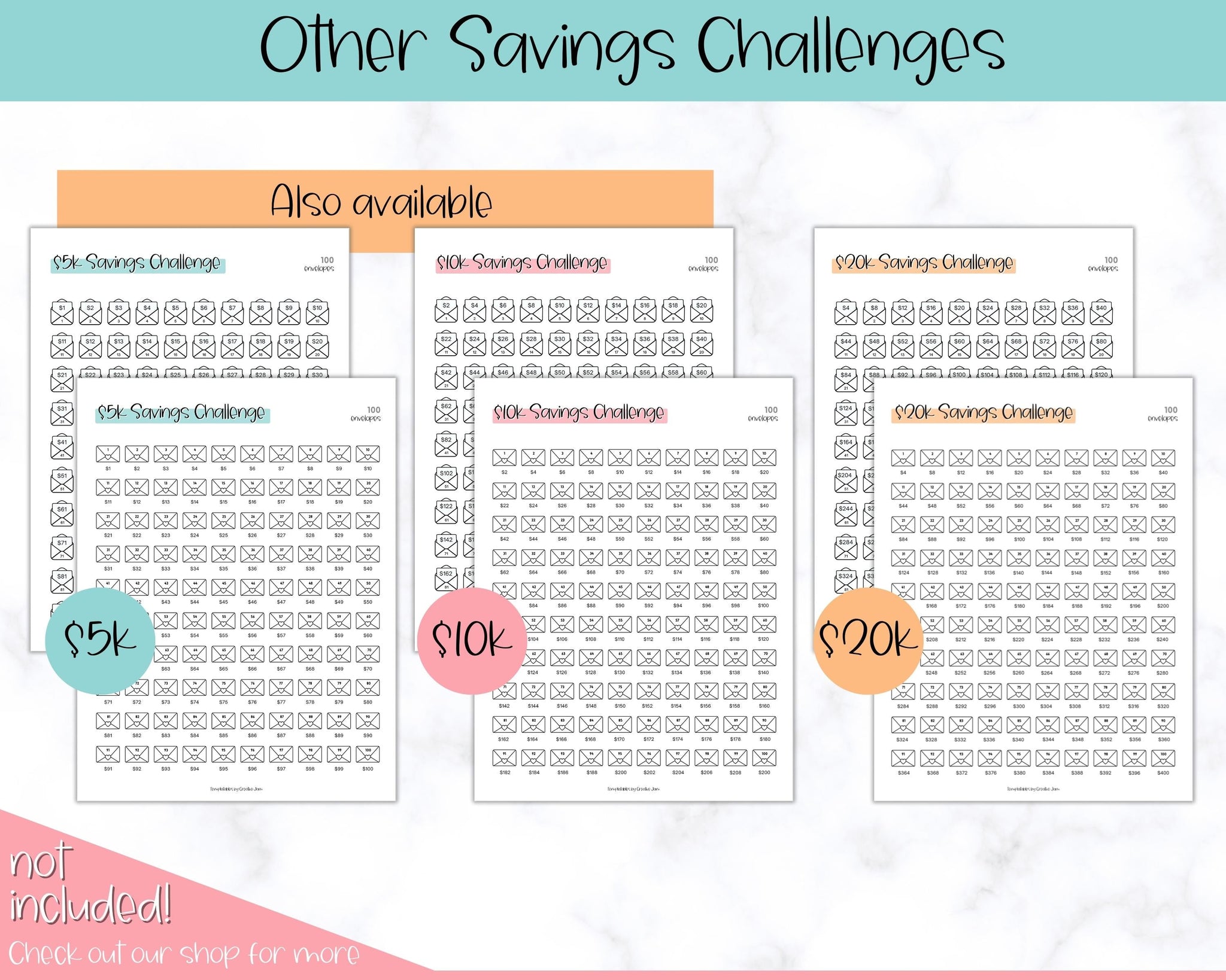 20k 100 Envelope Challenge Printable, 20000 | Colorful Sky