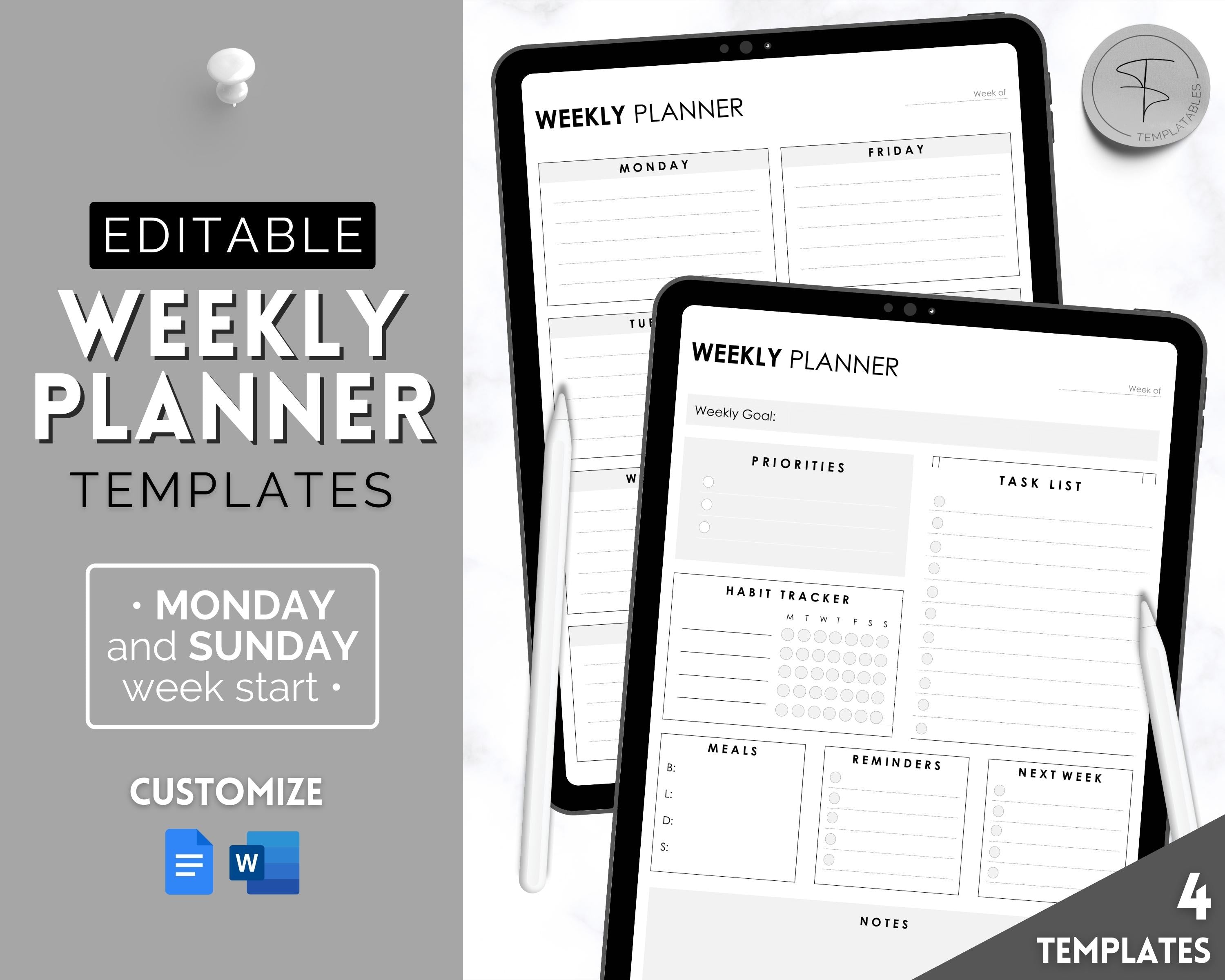 EDITABLE Weekly Planner Templates | 2-Page Weekly Schedule 2023