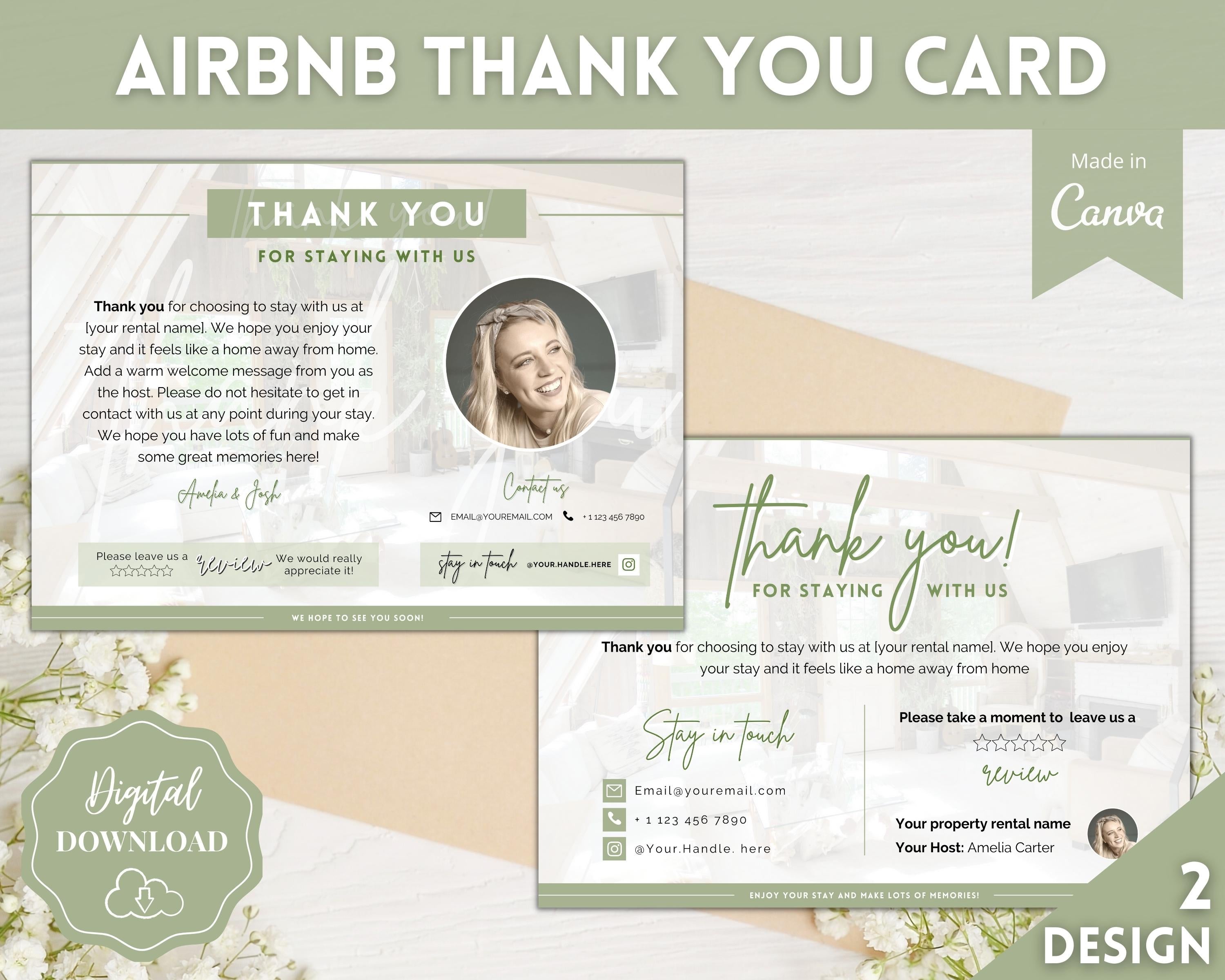 Airbnb Editable Welcome Card Template | Thank You Postcard - Green
