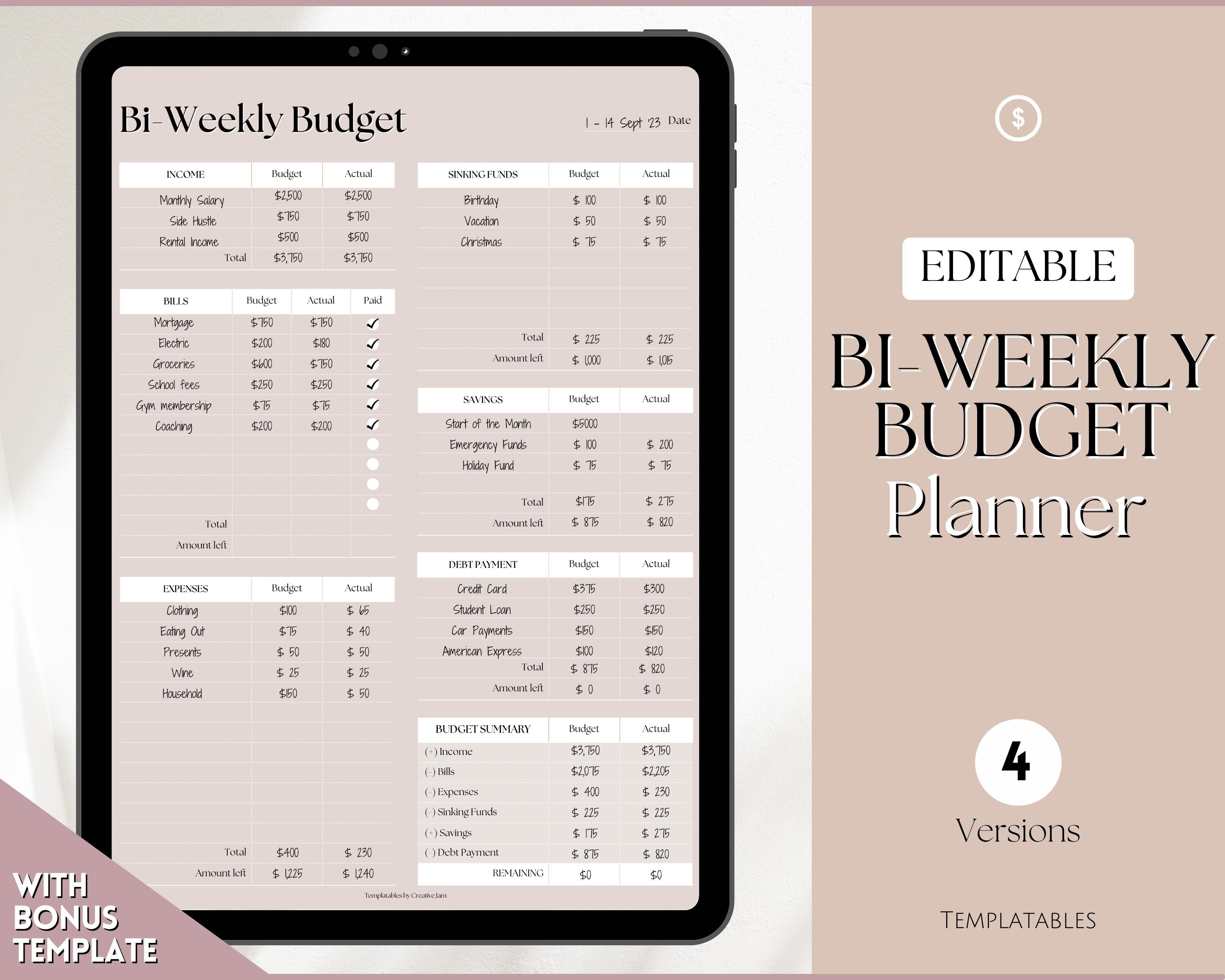 Biweekly Budget Planner | Editable Paycheck Budget Tracker - Lux