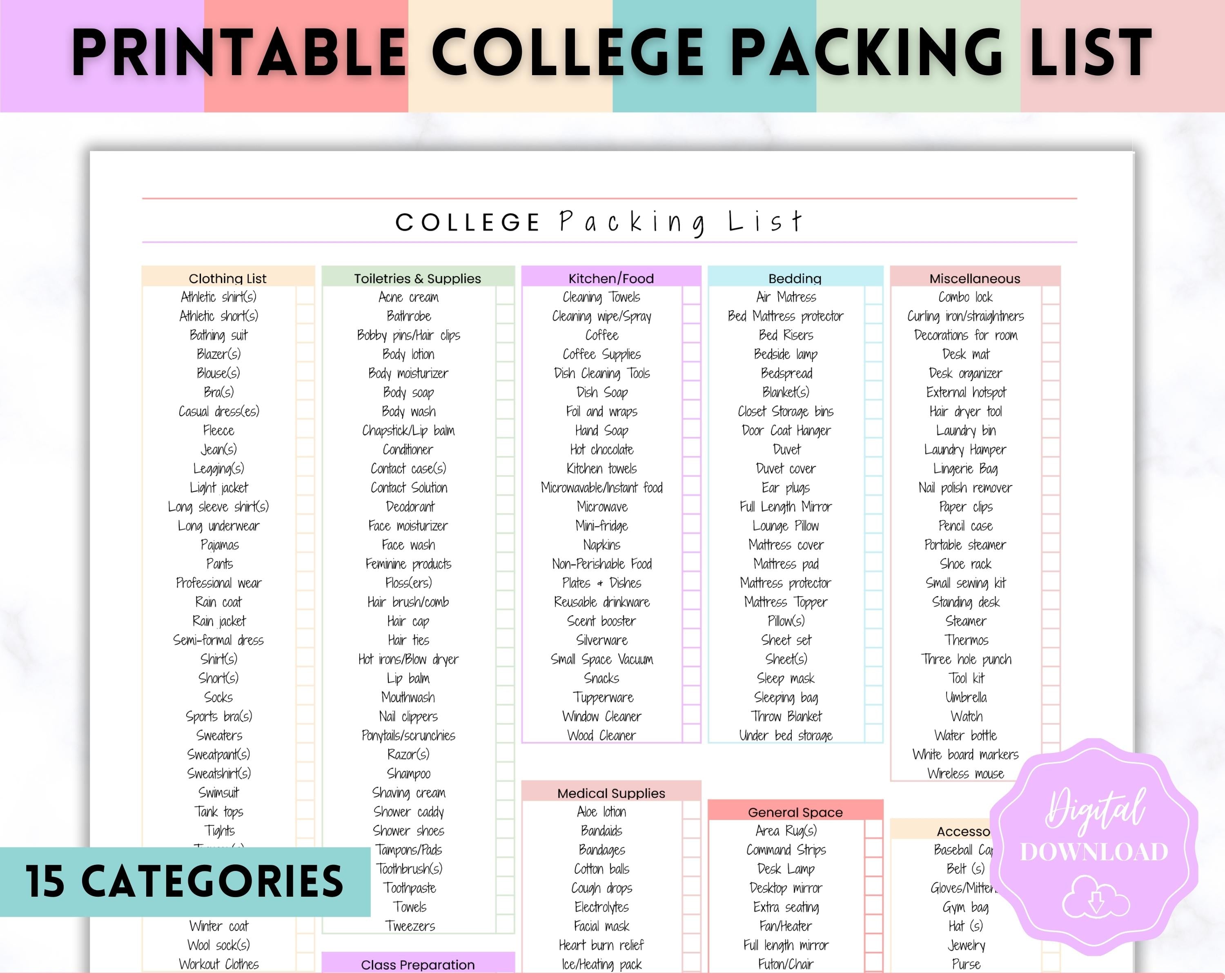 Printable College Packing List | Back to School Student Checklist