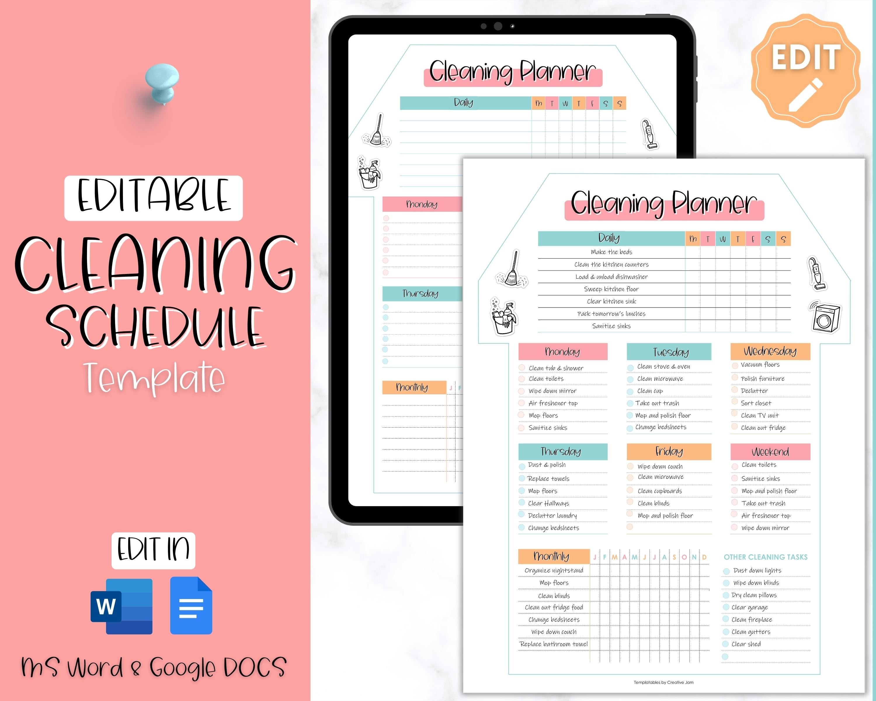 Editable House Shape Cleaning Checklist, Housekeeping & Chores Planner