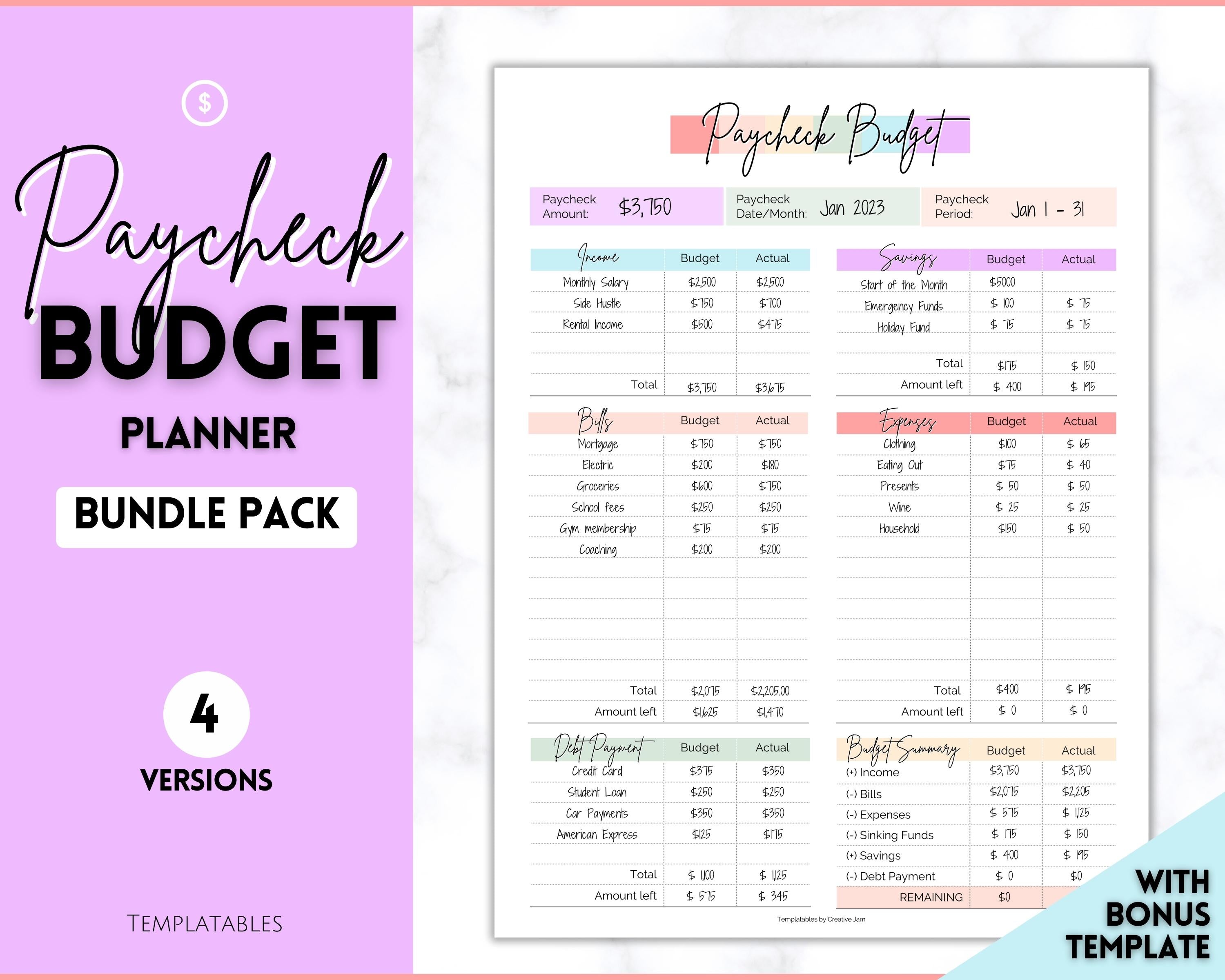 Paycheck Budget Planner | Editable Zero Based Budget Tracker - Pastel
