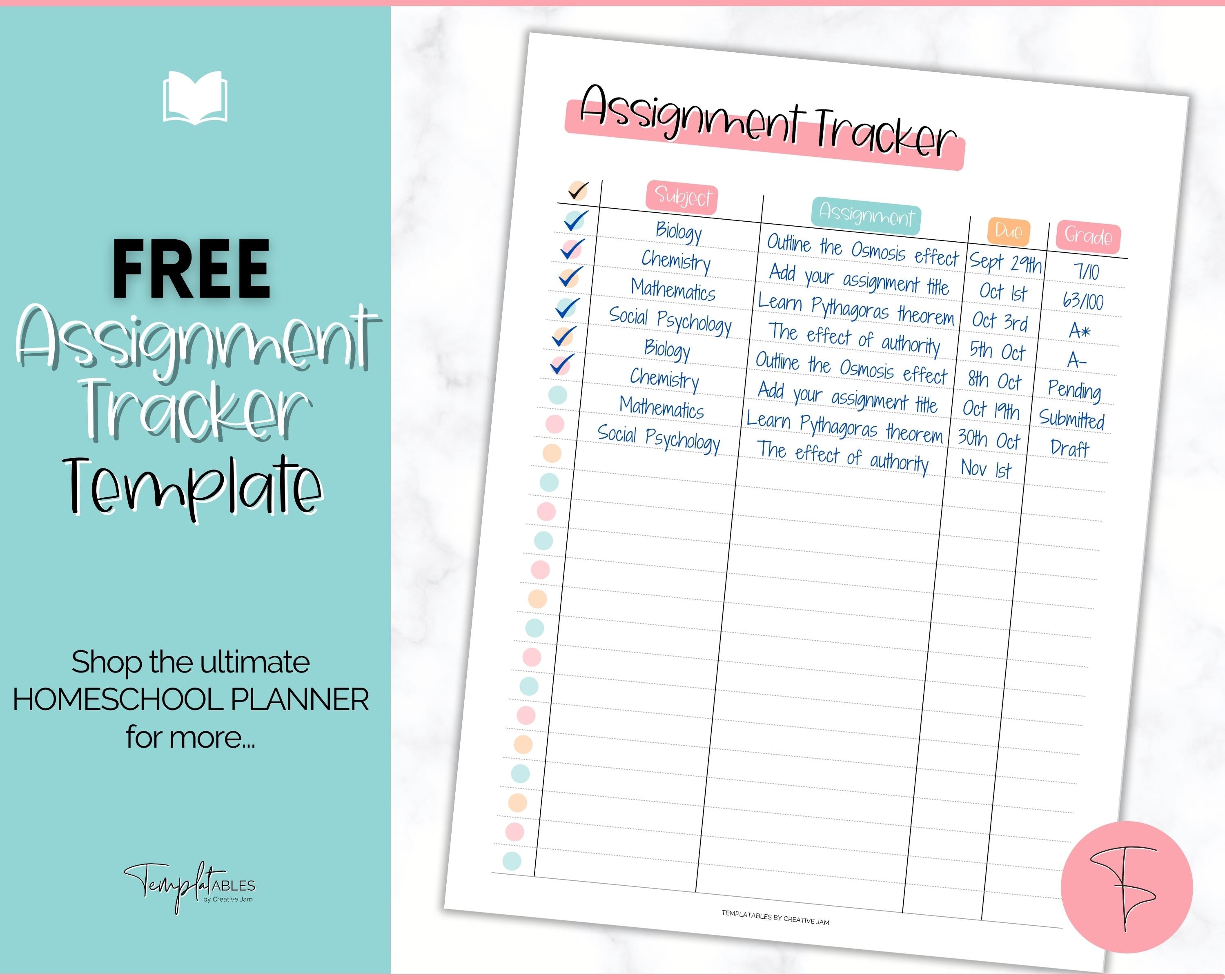 FREE - Assignment Tracker Printable for Students - Colorful