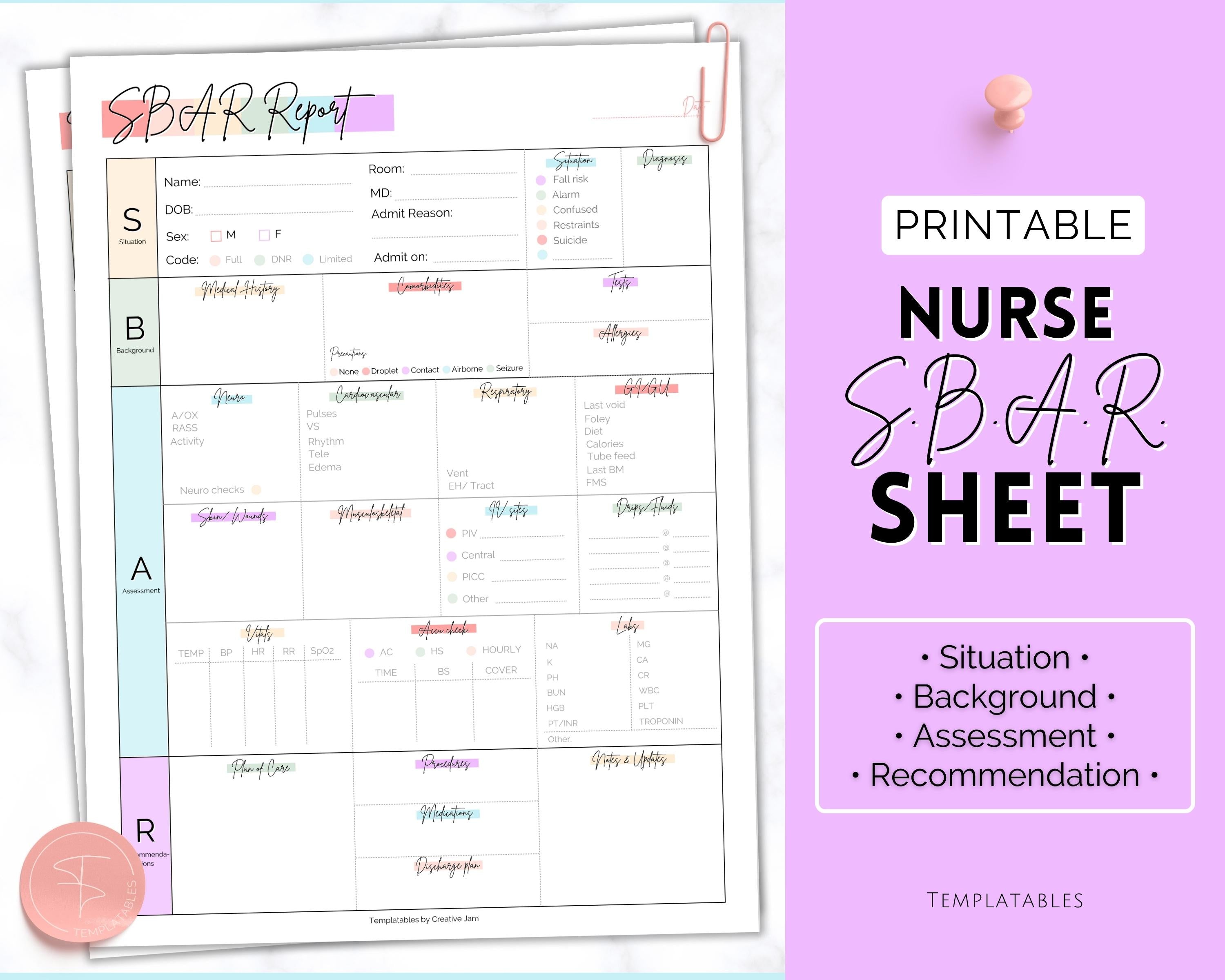 SBAR Nurse Brain Report Sheet | ICU Nurse Report Printable Template