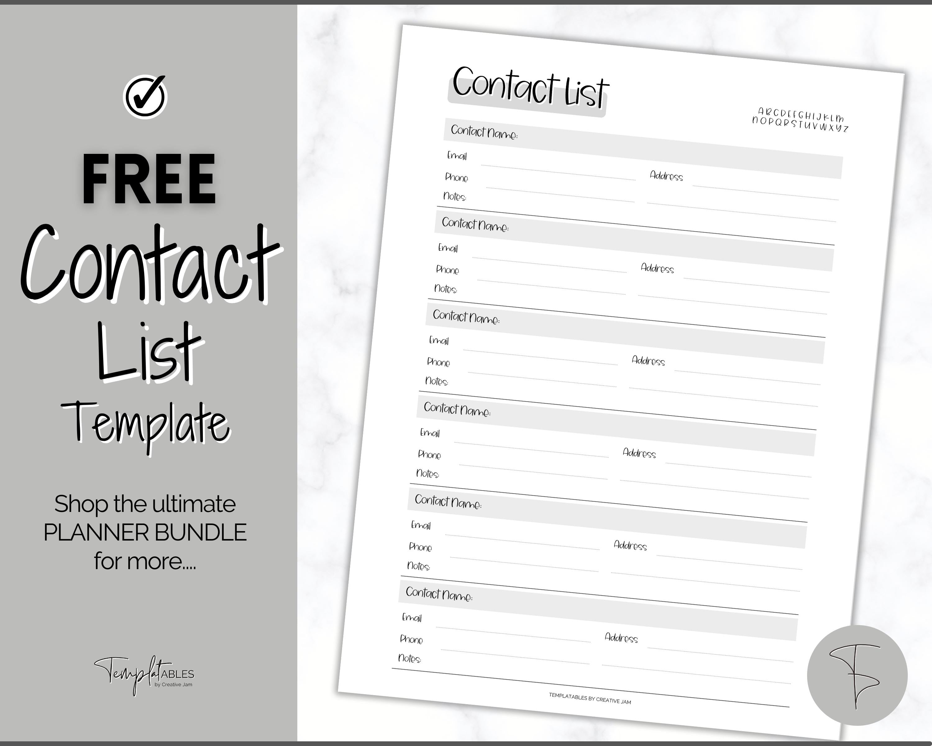FREE Contact List Printable Template, Address Book, Contact Log - Mono