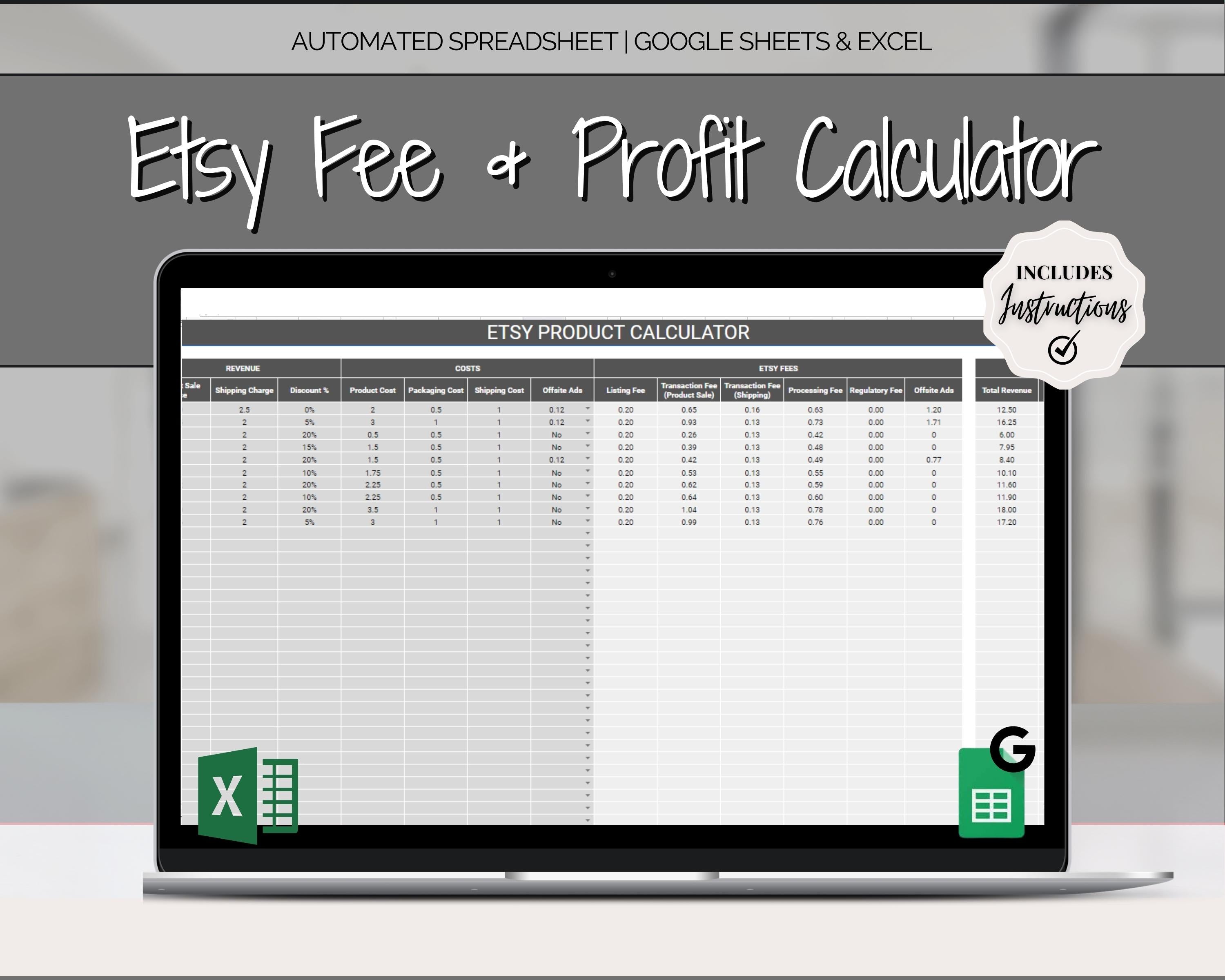 Etsy Fee and Profit Calculator - Pricing Spreadsheet for Etsy Sellers