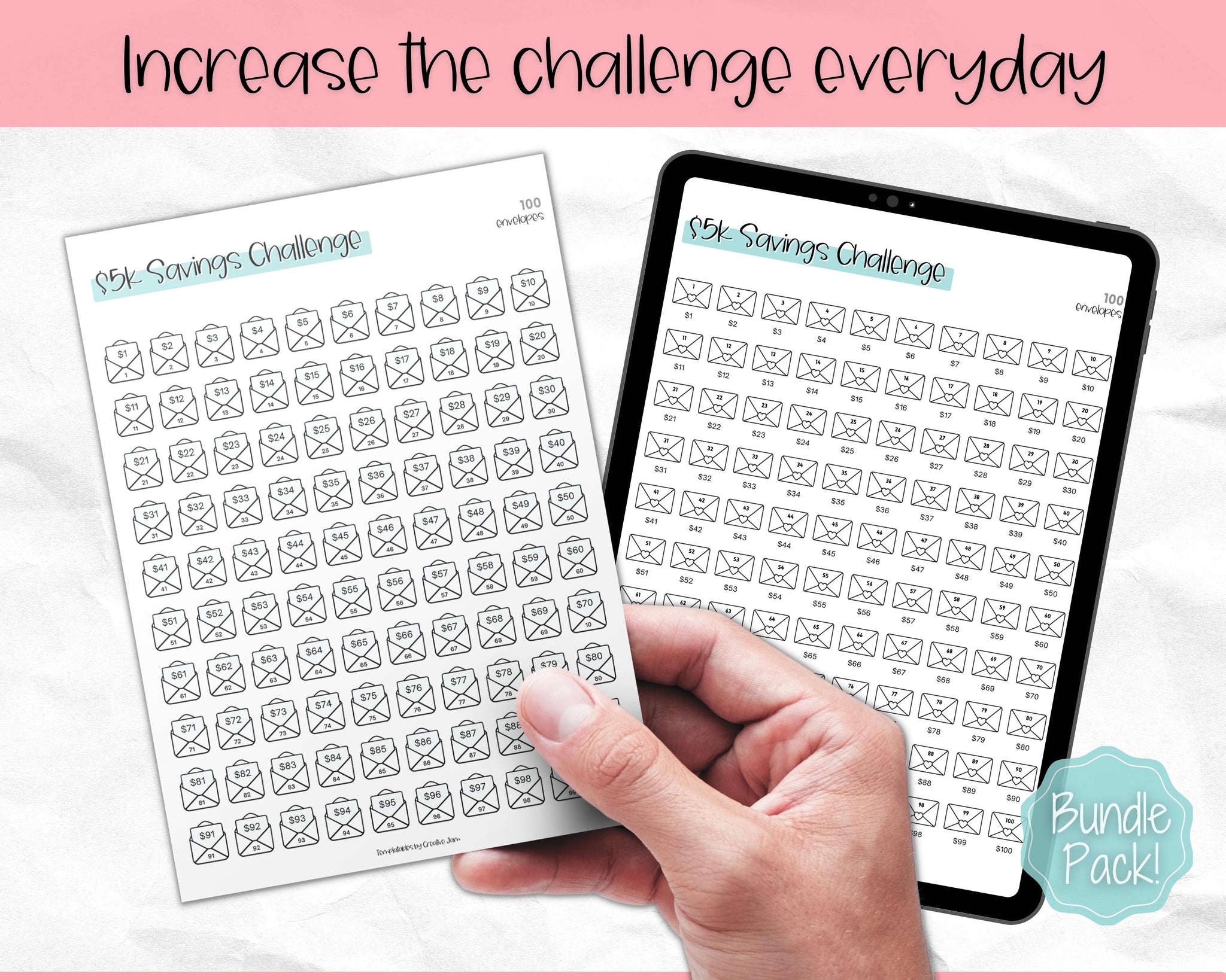 5k 100 Envelope Challenge Printable, 5000 | Colorful