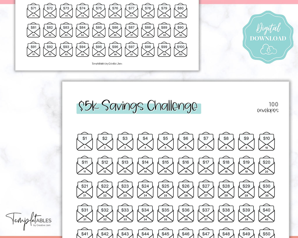 5k 100 Envelope Challenge Printable, 5000 | Colorful