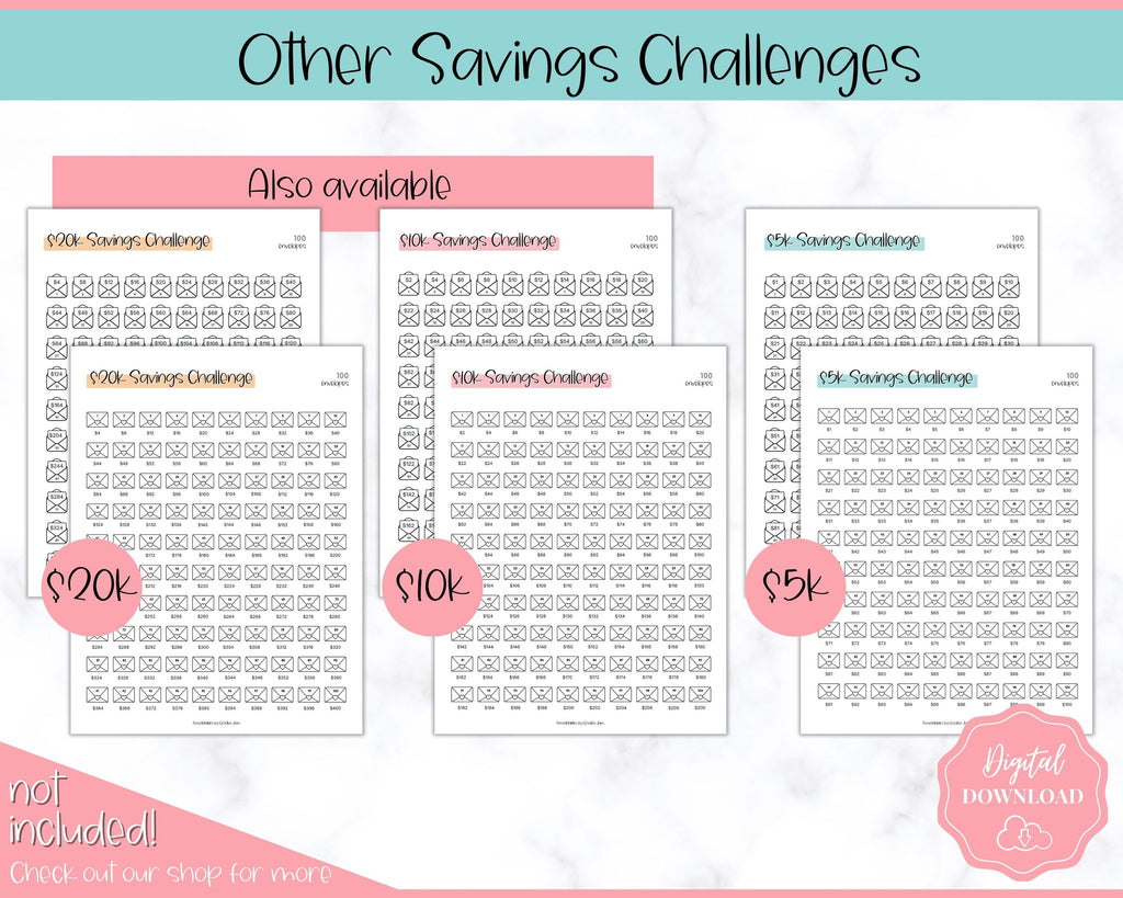 5k 100 Envelope Challenge Printable, 5000 | Colorful
