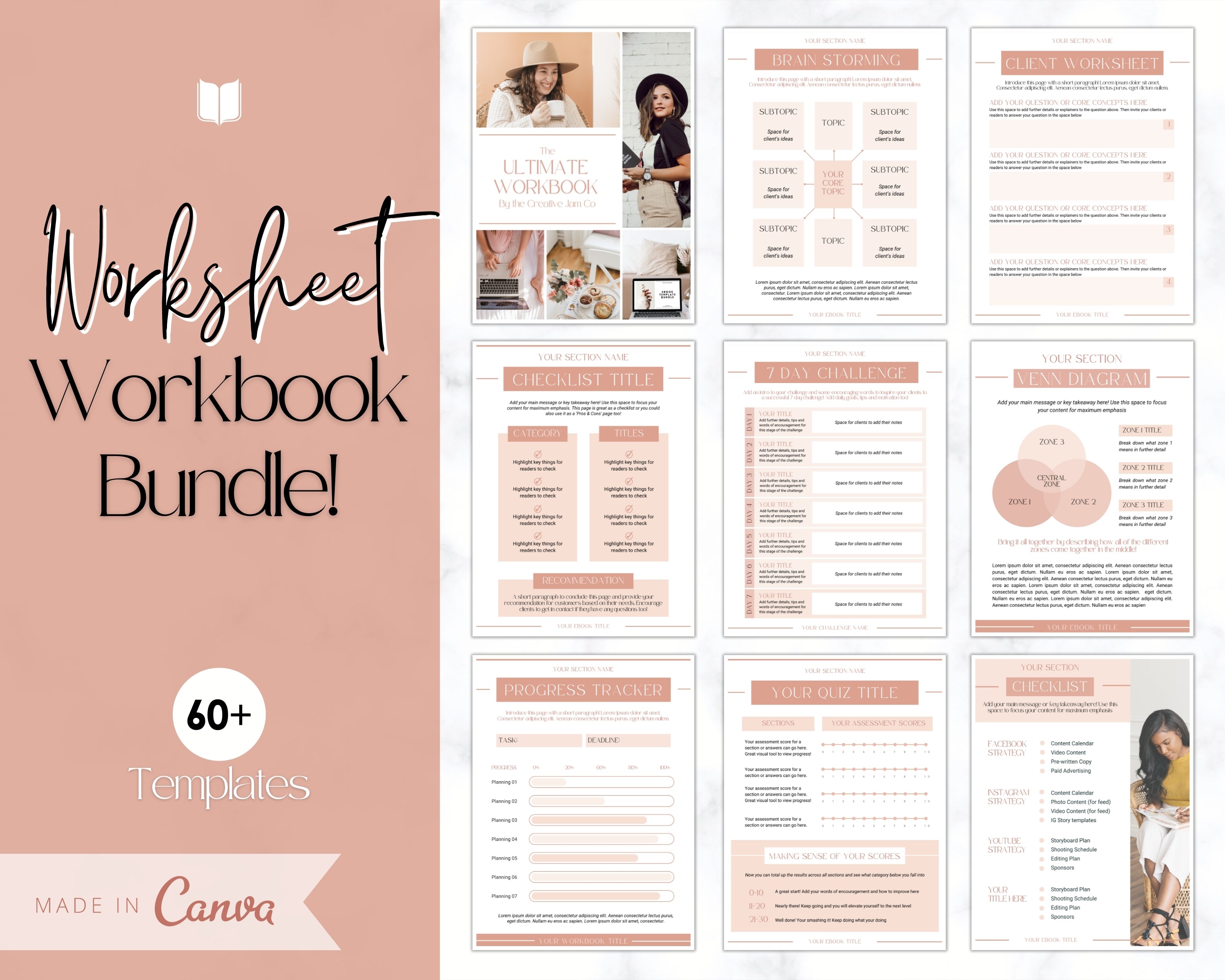 60 eBook Canva Worksheet Templates | Lead Magnet - Natural Brown