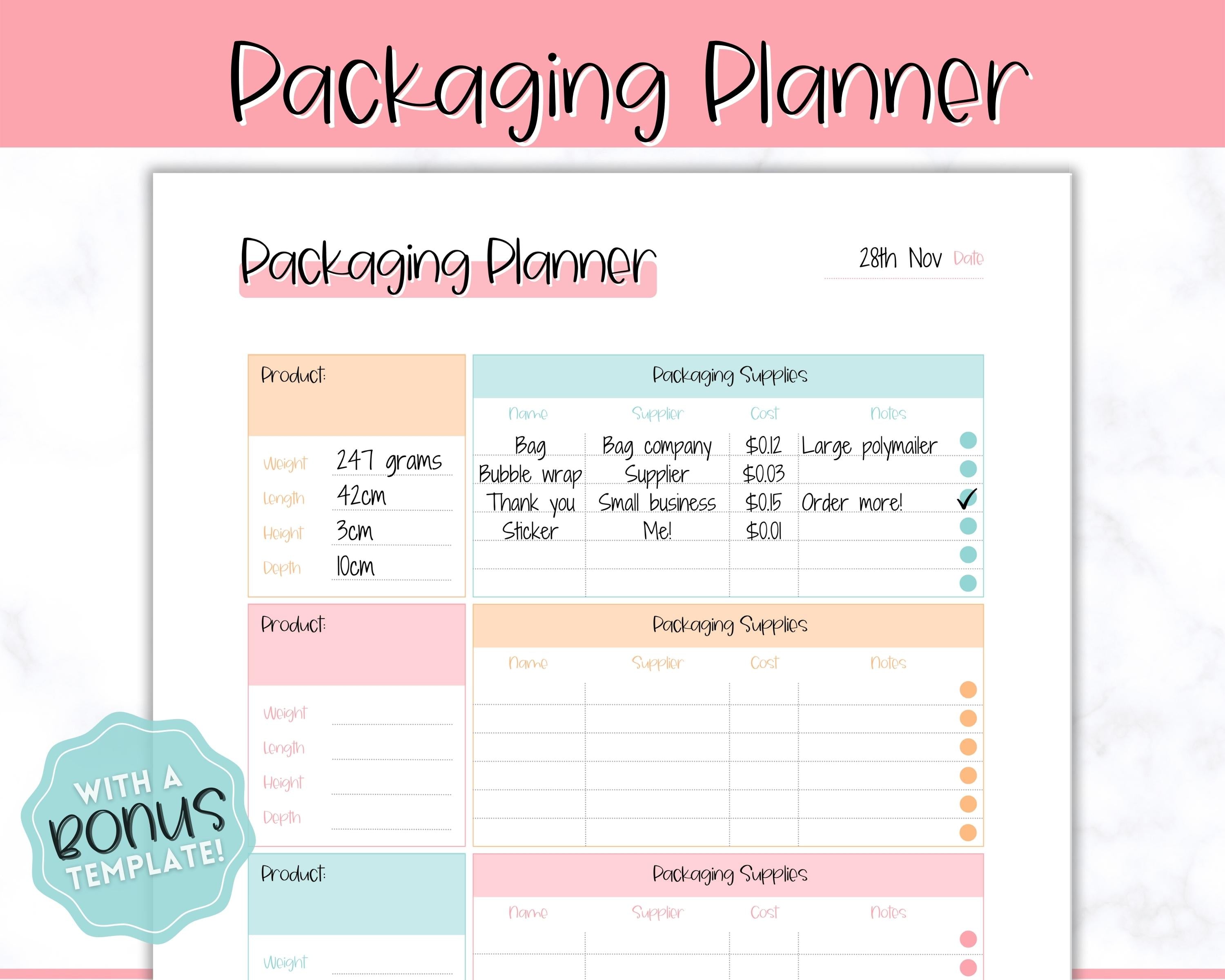 Packaging Planner Template, Small Business Printable - Colorful