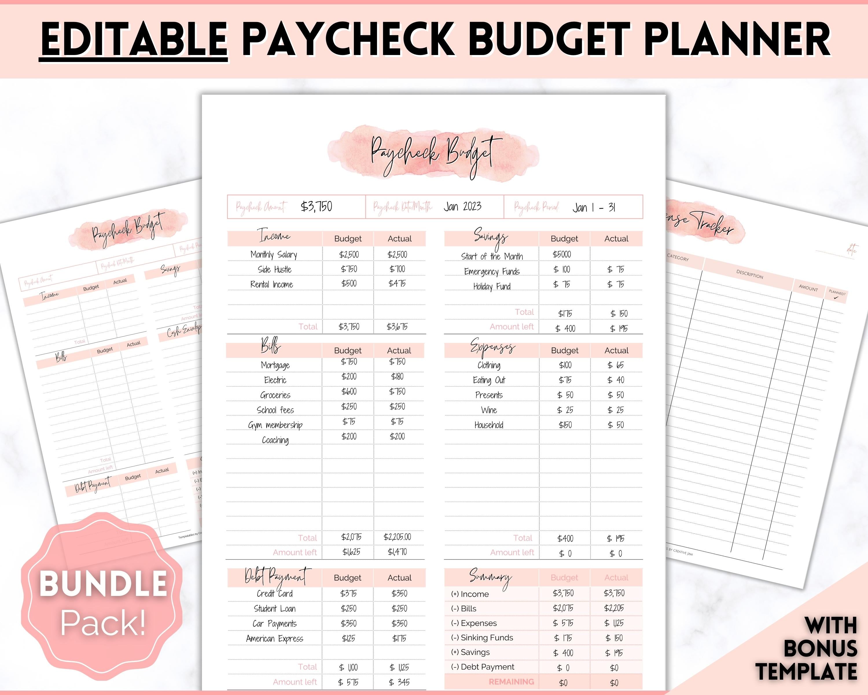 Paycheck Budget Planner | Editable Zero Based Budget Tracker - Pink