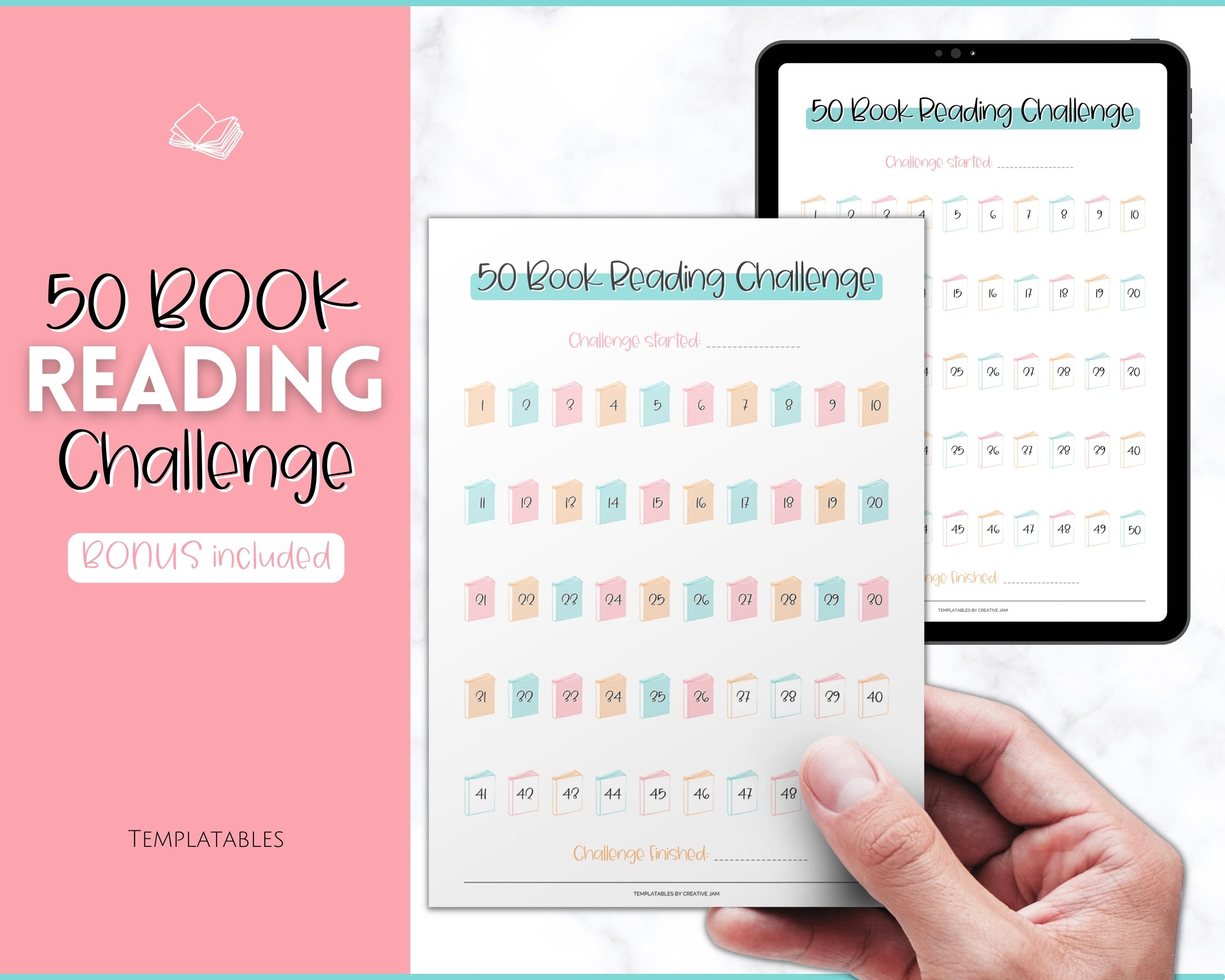 50 Book Reading Challenge Bundle | Reading Tracker Planner - Colorful
