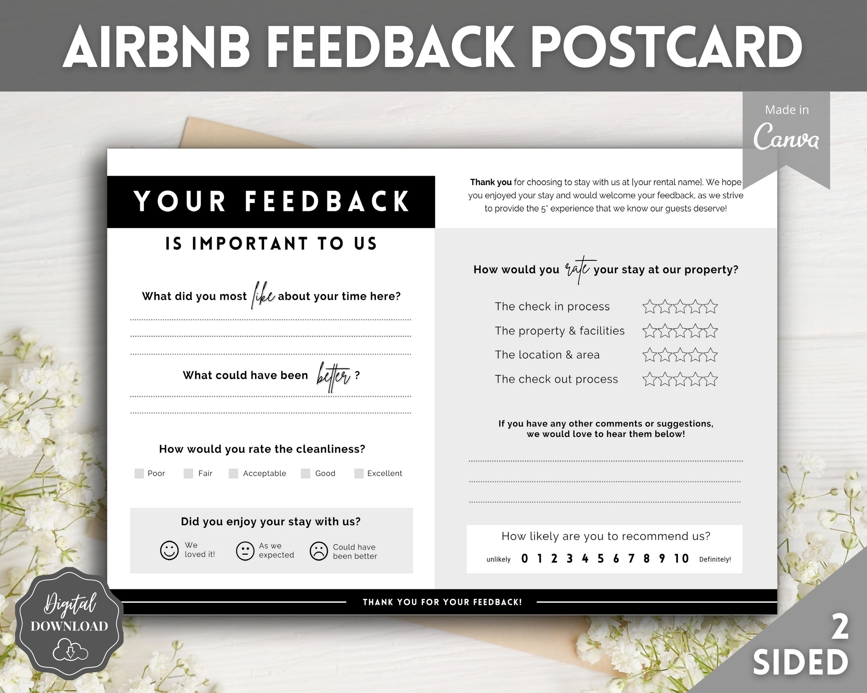 Airbnb Feedback Request Postcard, Editable Airbnb Guest Form - Mono