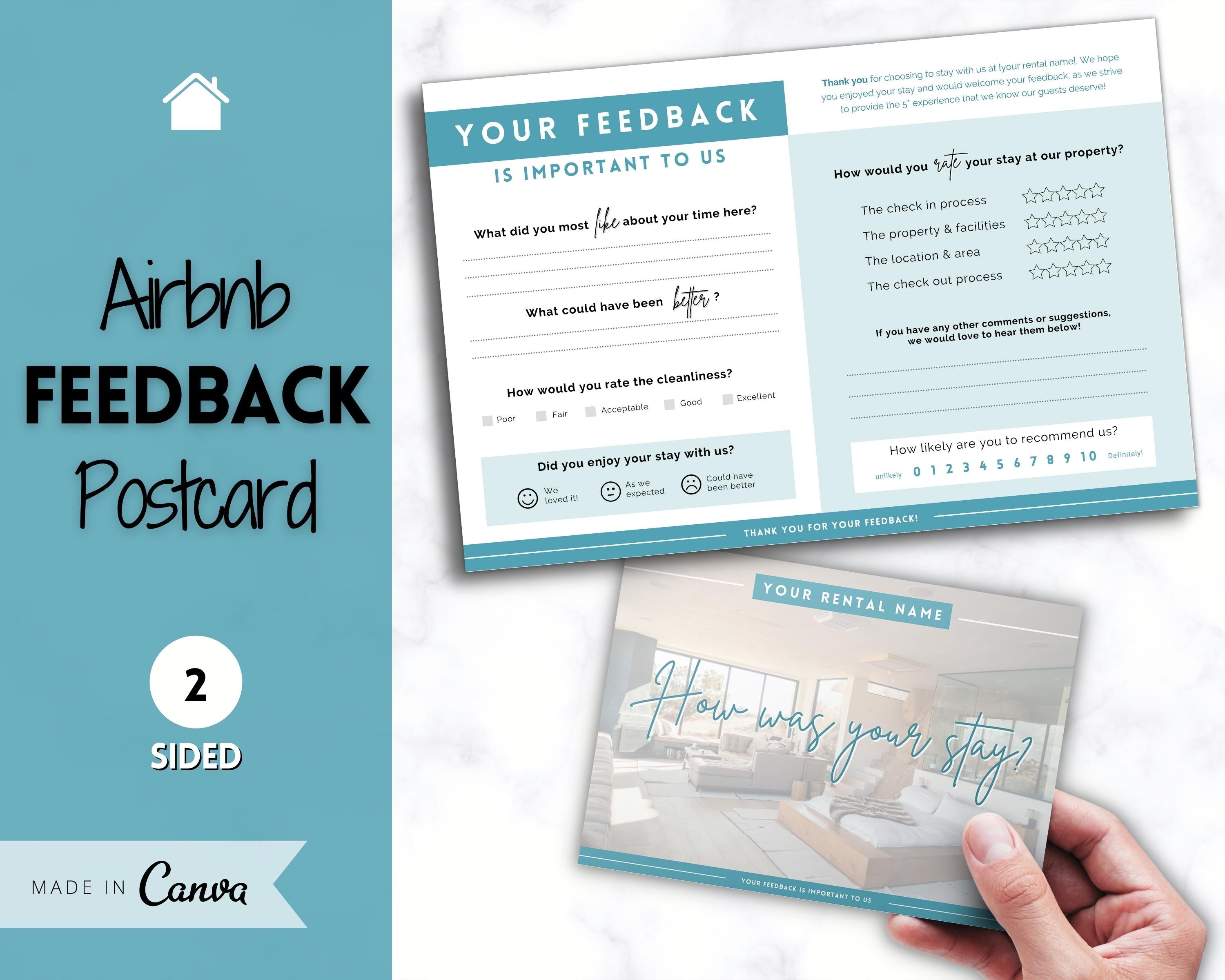 Airbnb Feedback Request Postcard, Editable Airbnb Guest Form - Blue