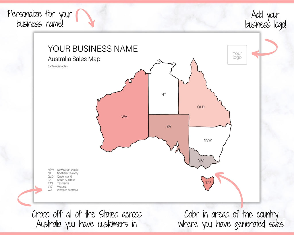 Australia Sales Map, EDITABLE Business Order Tracker, Color In