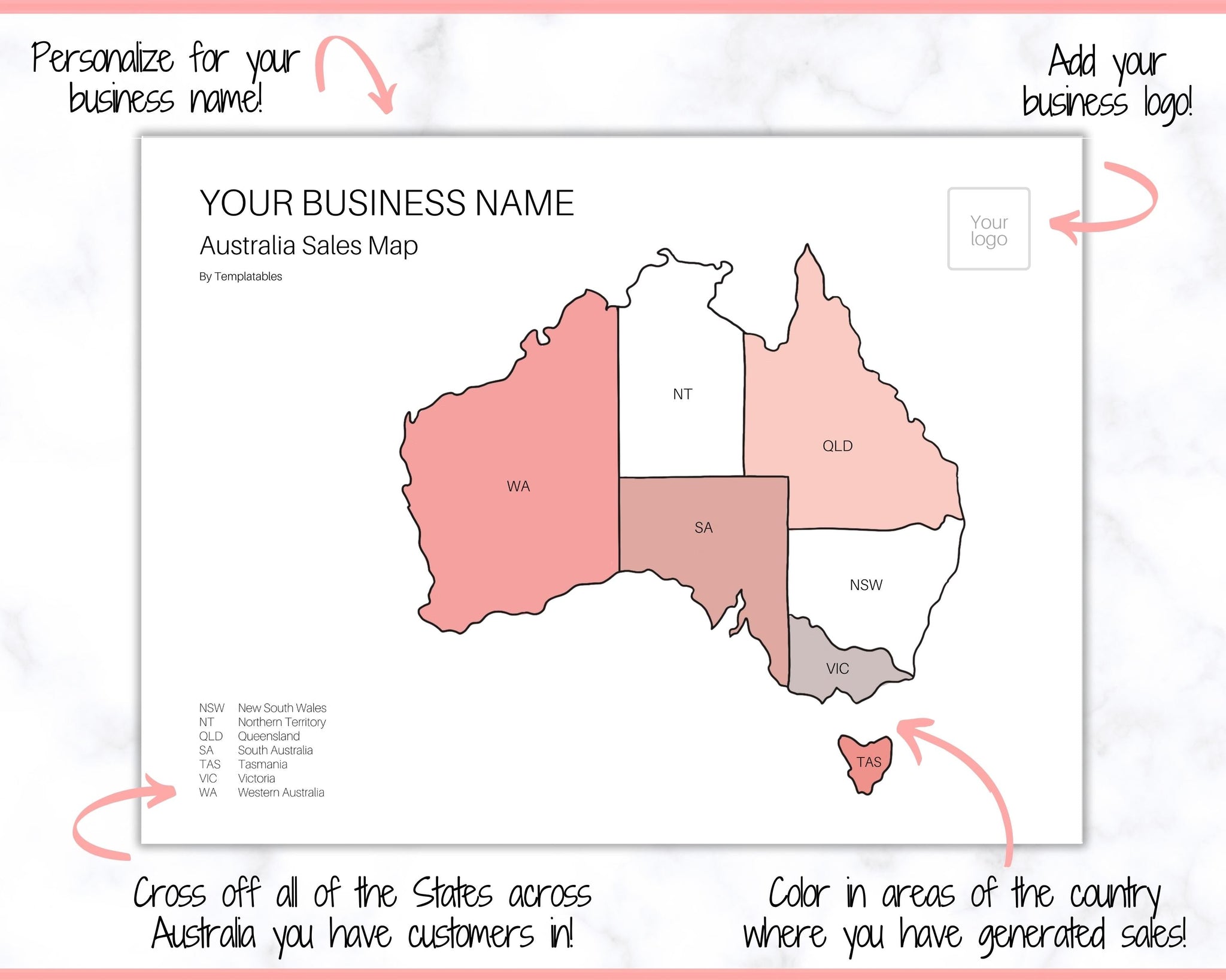 Australia Sales Map, EDITABLE Business Order Tracker, Color In