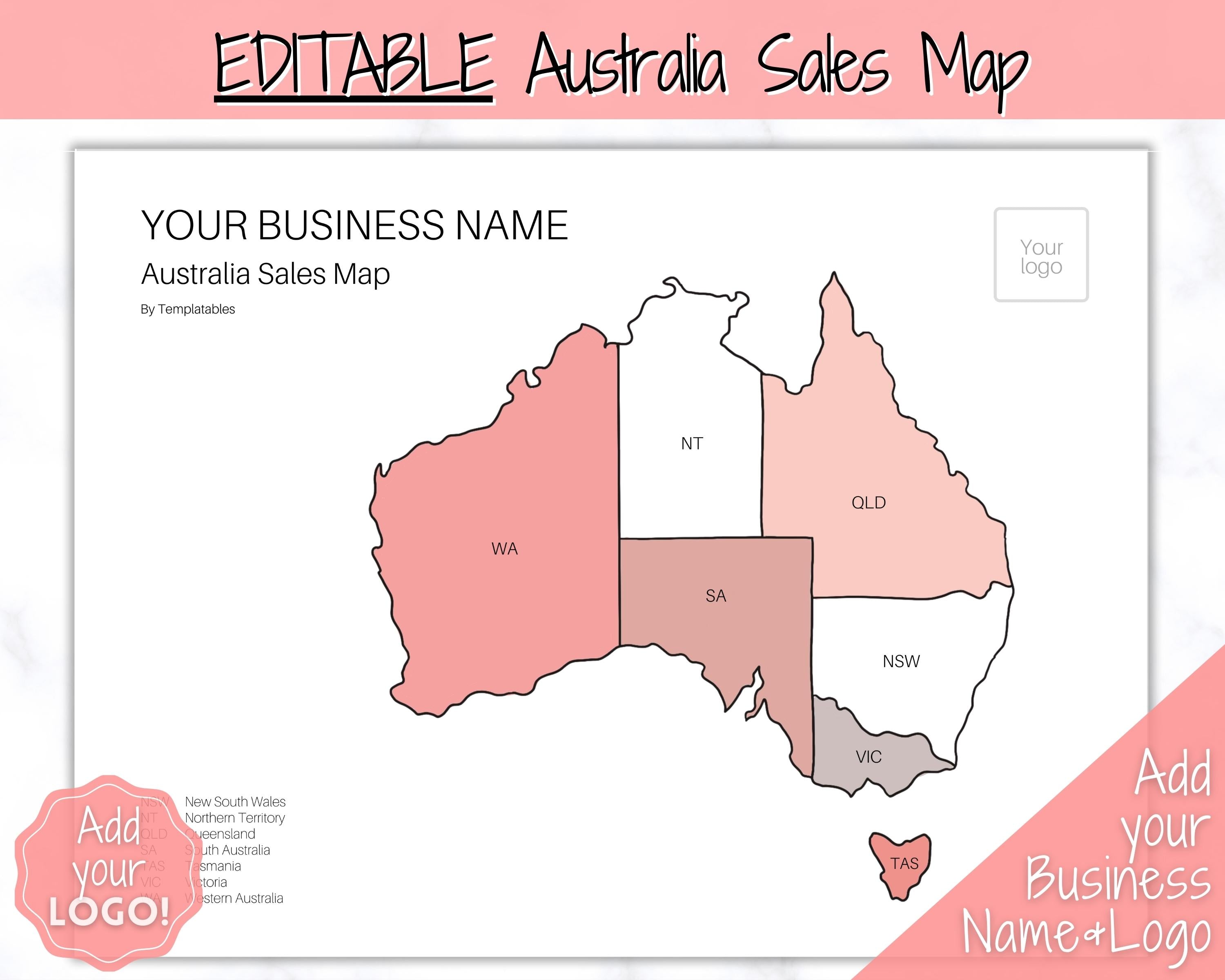 Australia Sales Map, EDITABLE Business Order Tracker, Color In
