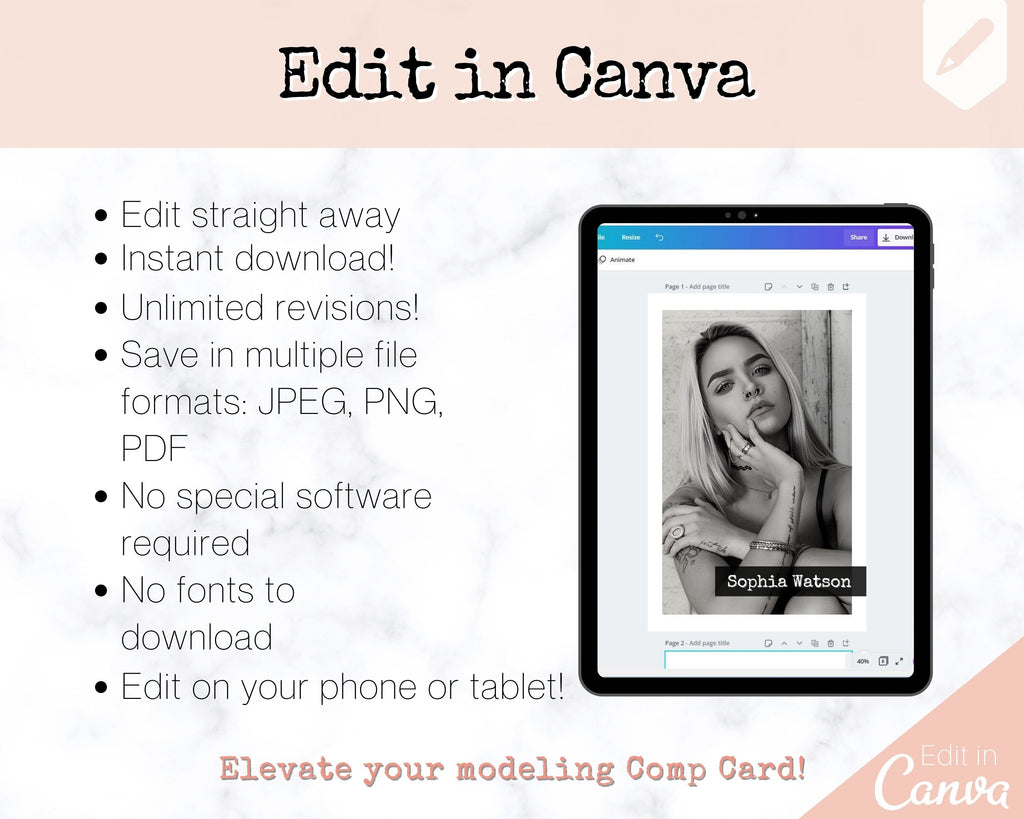 Comp Card Modeling Template | Editable photocard template for Models