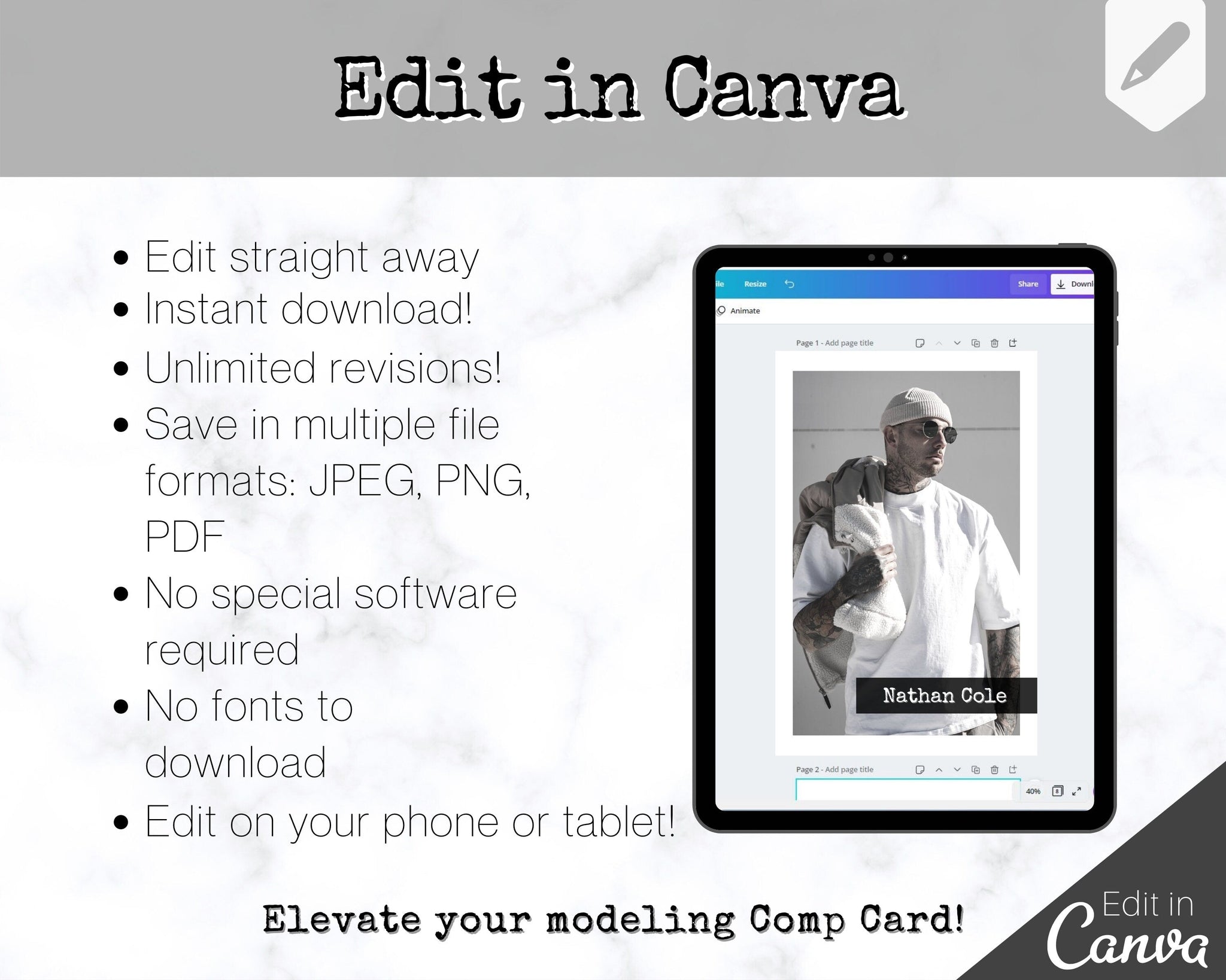 Comp Card Modeling Template | Editable photocard template for Models