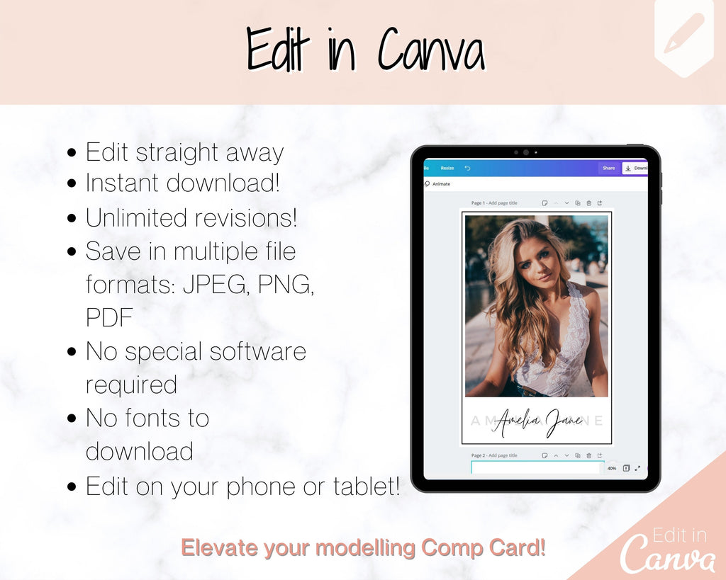 Comp Card Modeling Template | Editable photocard template for Models