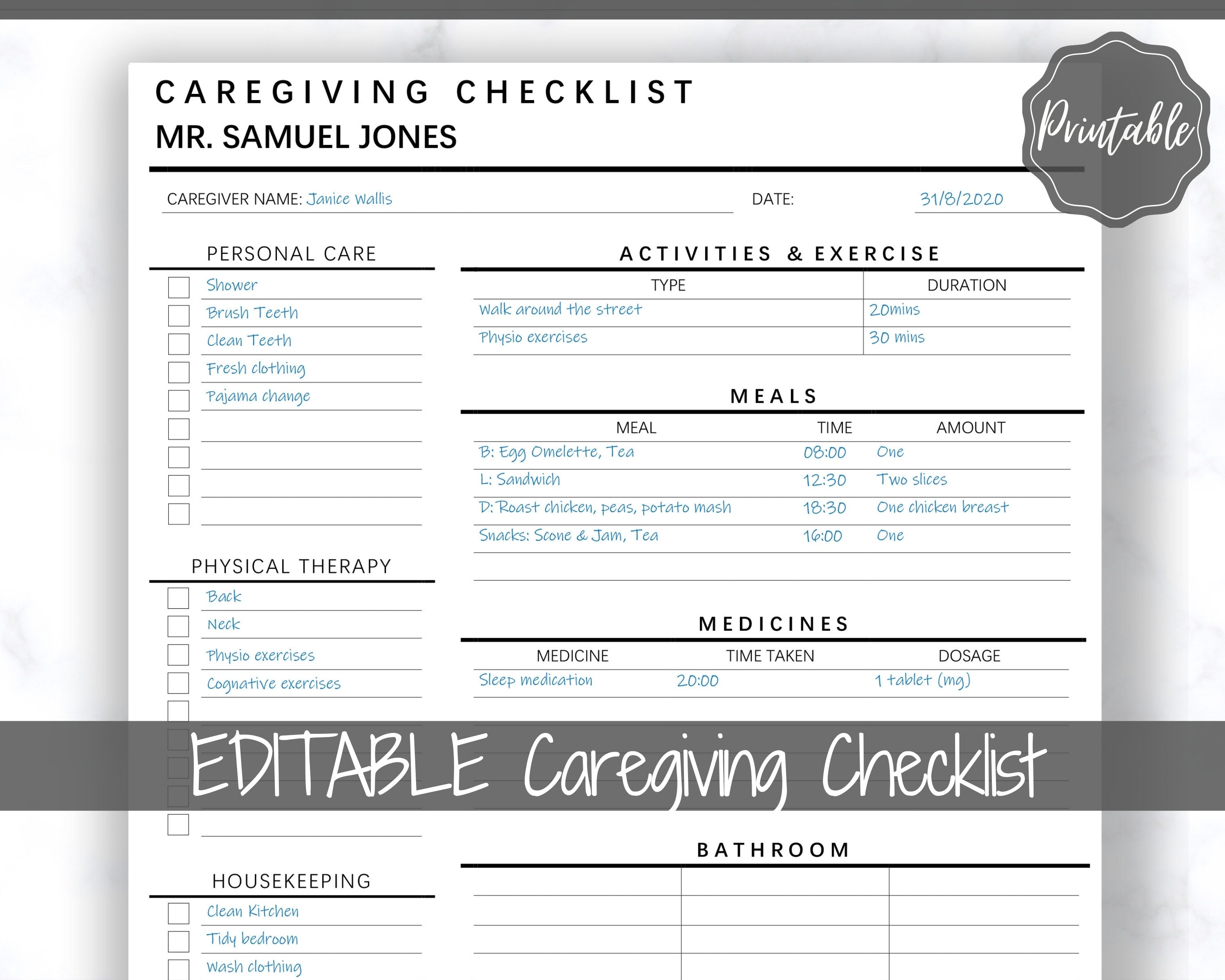Caregiving Elderly Care Checklist | Caregiver Printable Planners