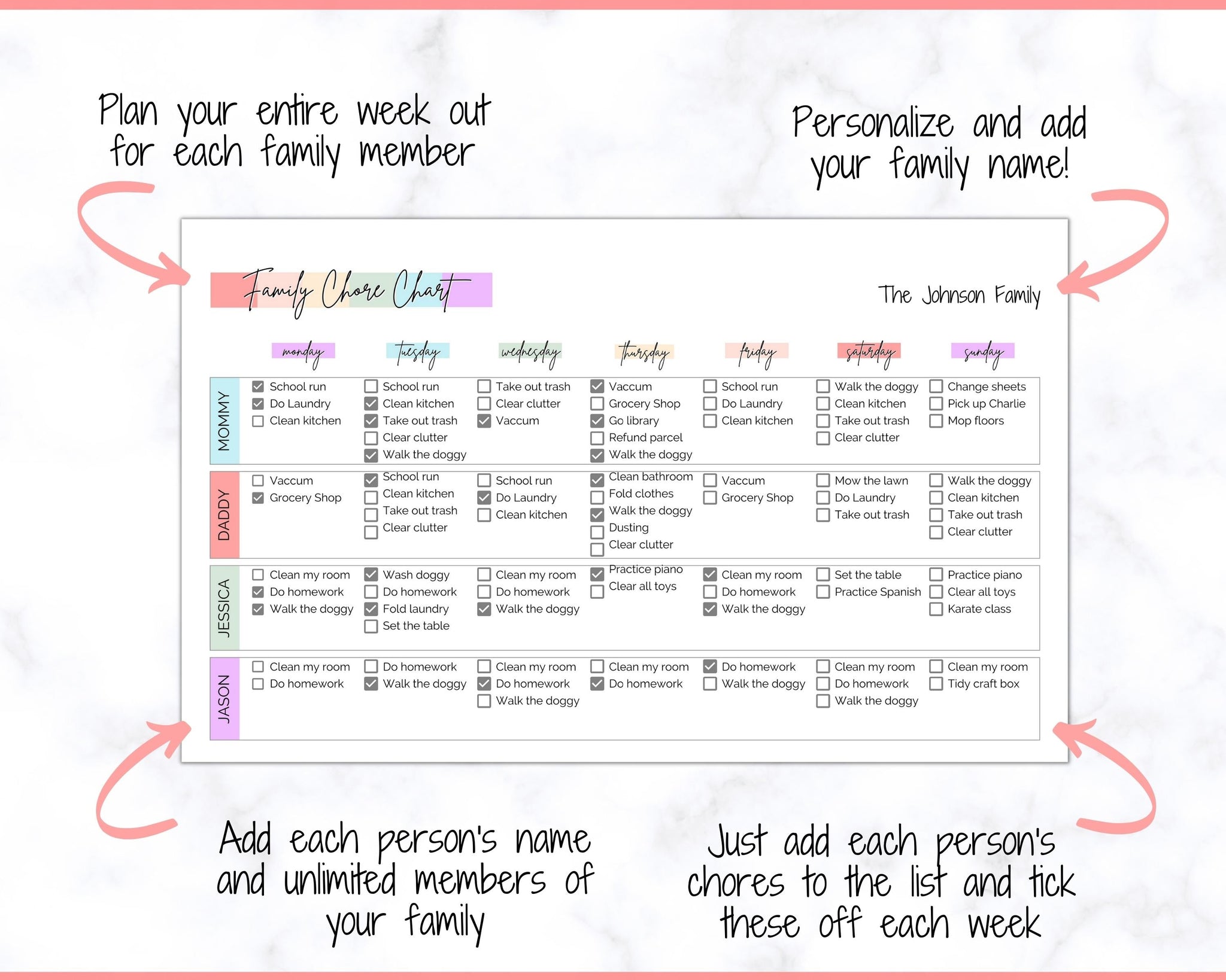 Colorful Family Chore Chart Spreadsheet | Editable Planner Printable