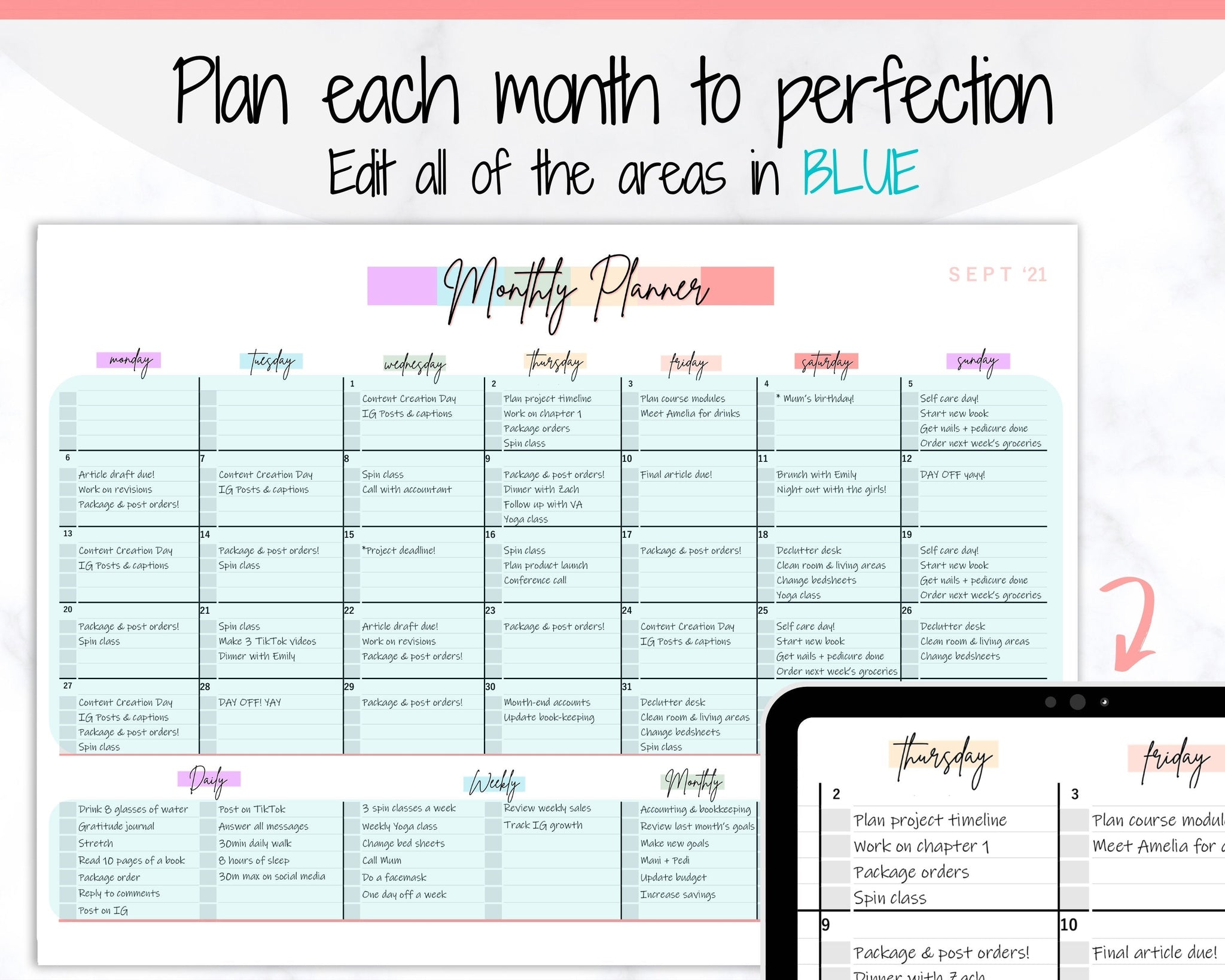 Colorful Weekly & Monthly Planner Template, To Do List Printable
