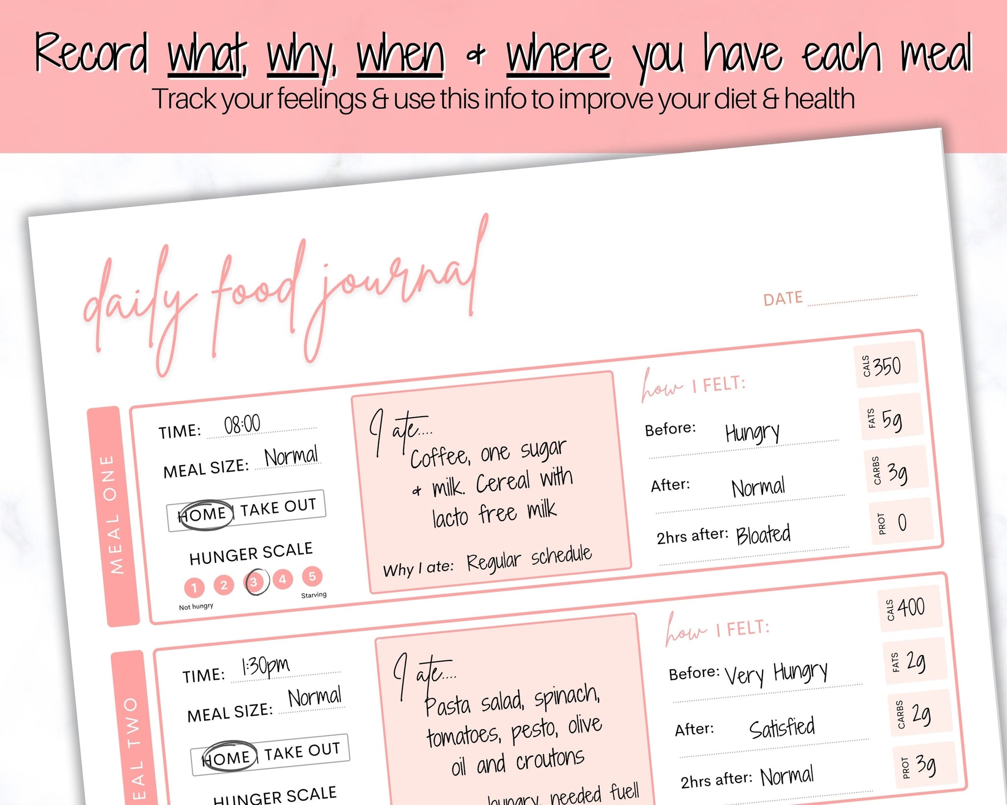DAILY Food Journal Printable Templates | Digital Pink Food Log