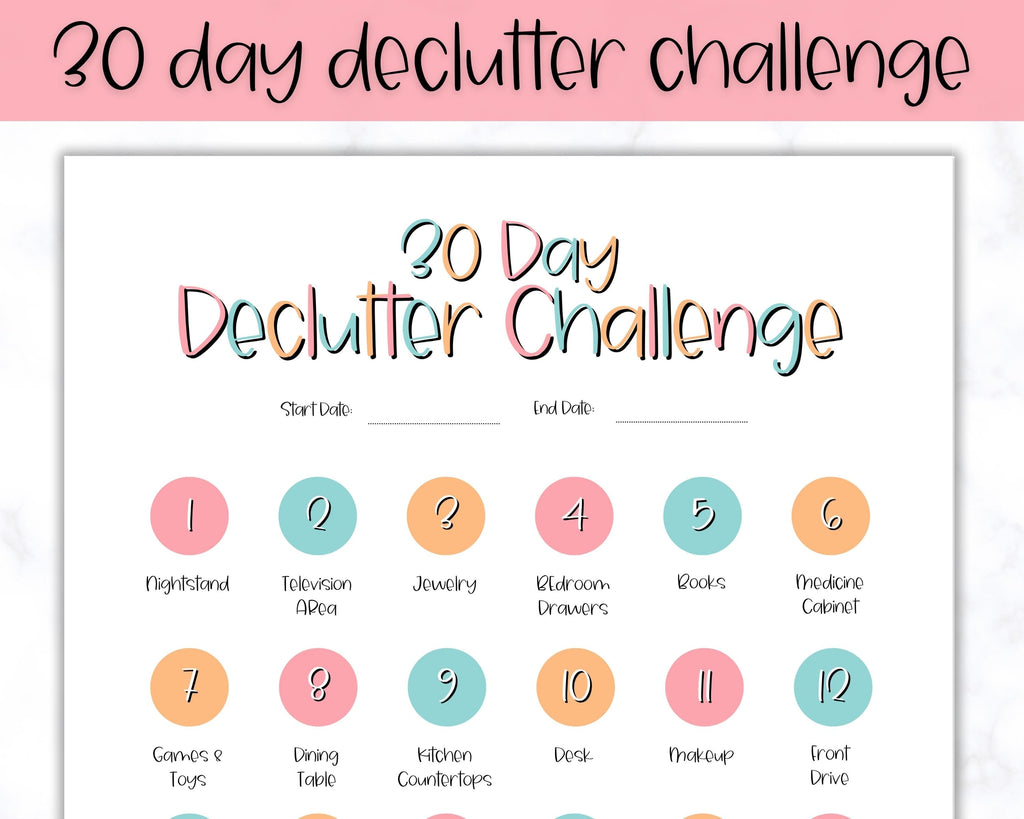 Declutter Checklist | 30 Day Cleaning Challenge Printable - Colorful