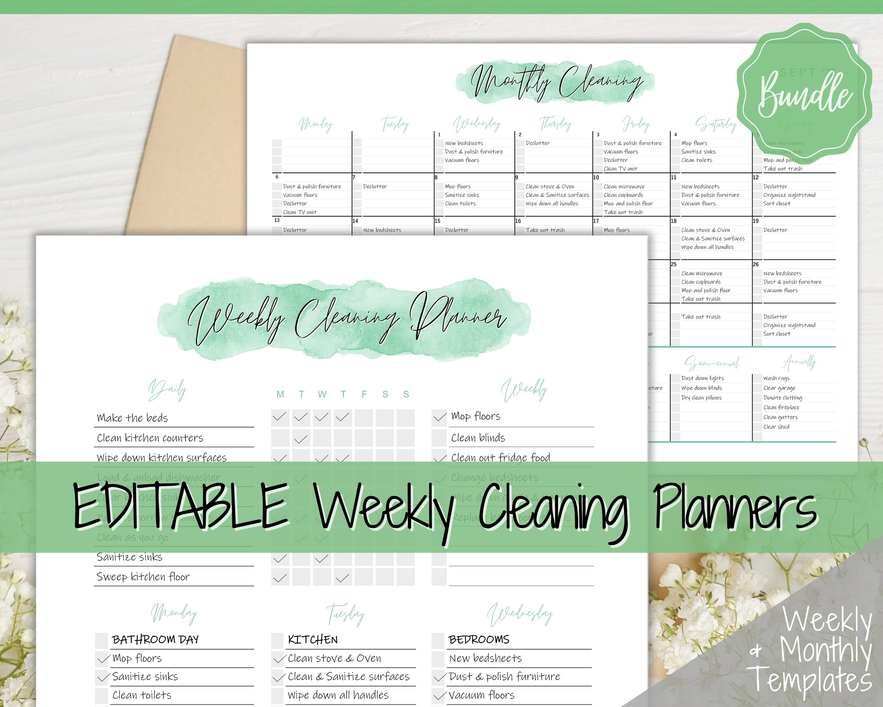 Editable Cleaning Schedule | Green Cleaning Checklist Planner
