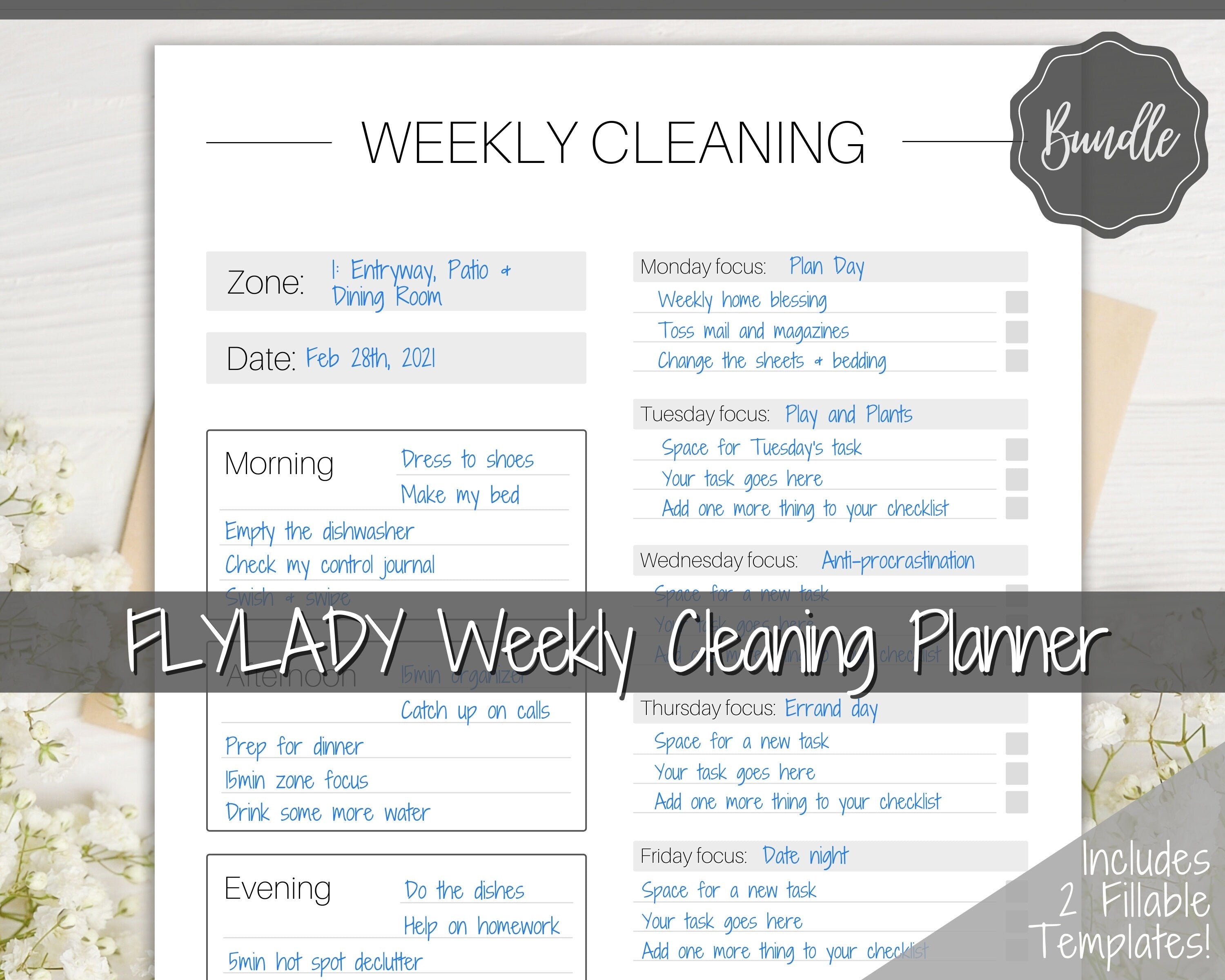 FLY LADY Cleaning Schedule Printable | Portrait & Landscape - Mono