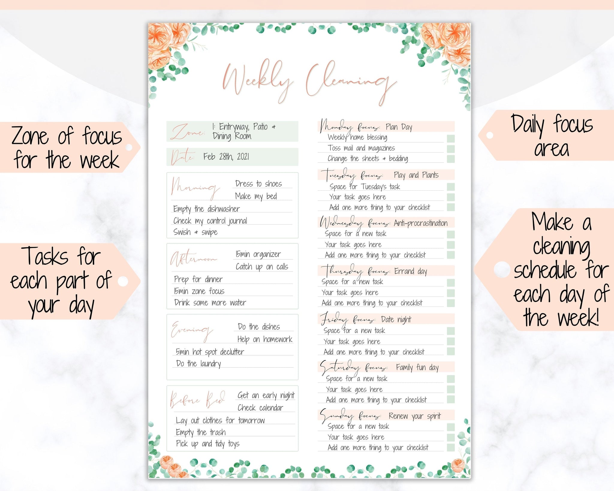 FLY LADY Cleaning Schedule Printable | Landscape & Portrait - Flower