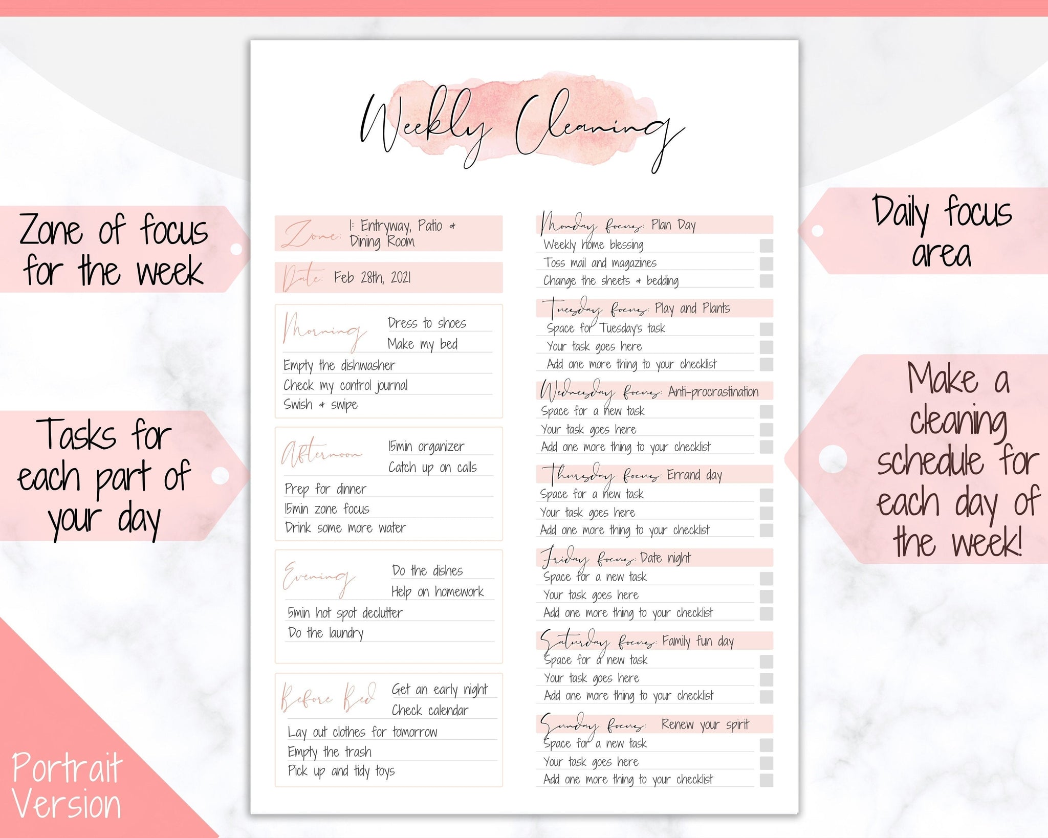 FLY LADY Cleaning Schedule Printable | Landscape & Portrait - Pink
