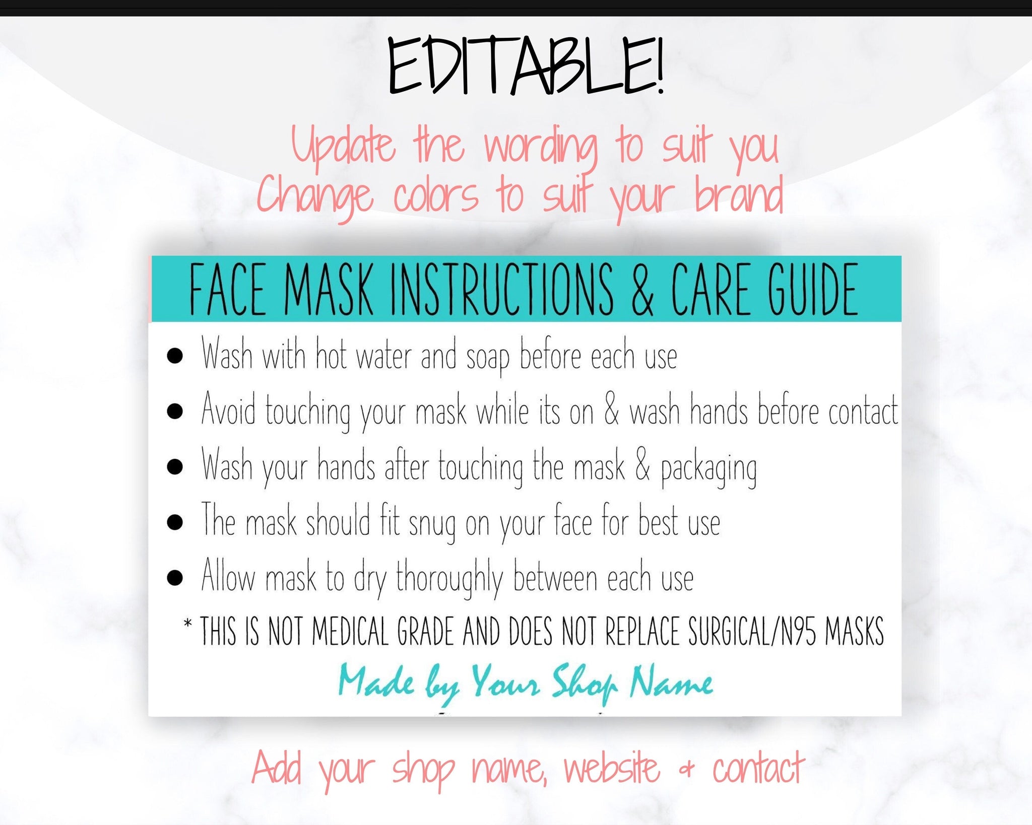 EDITABLE Face Mask Label Care Card Instructions | Aqua